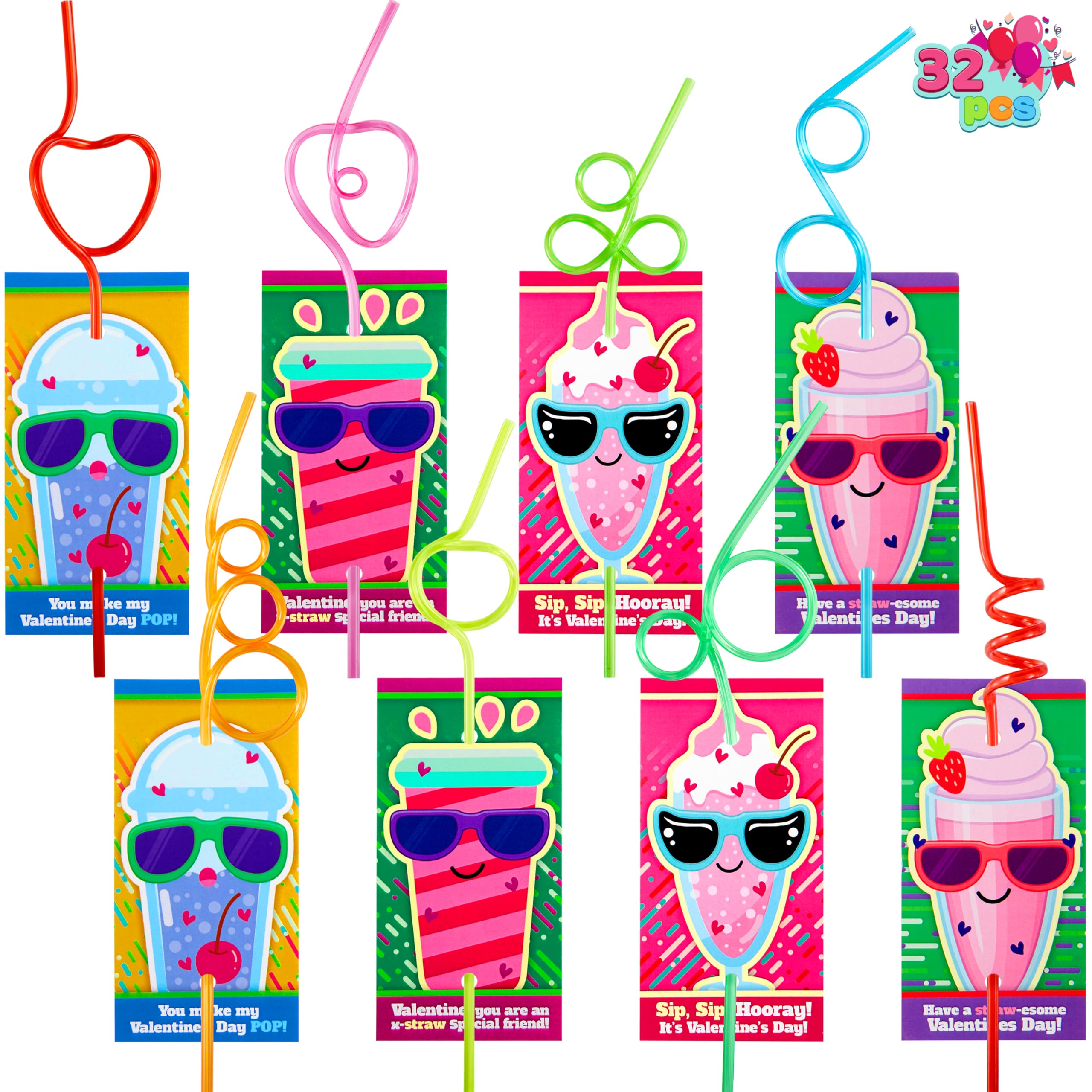 Amazon.com: JOYIN 32 Pack Valentines Day Straws with Cards, Colorful ...