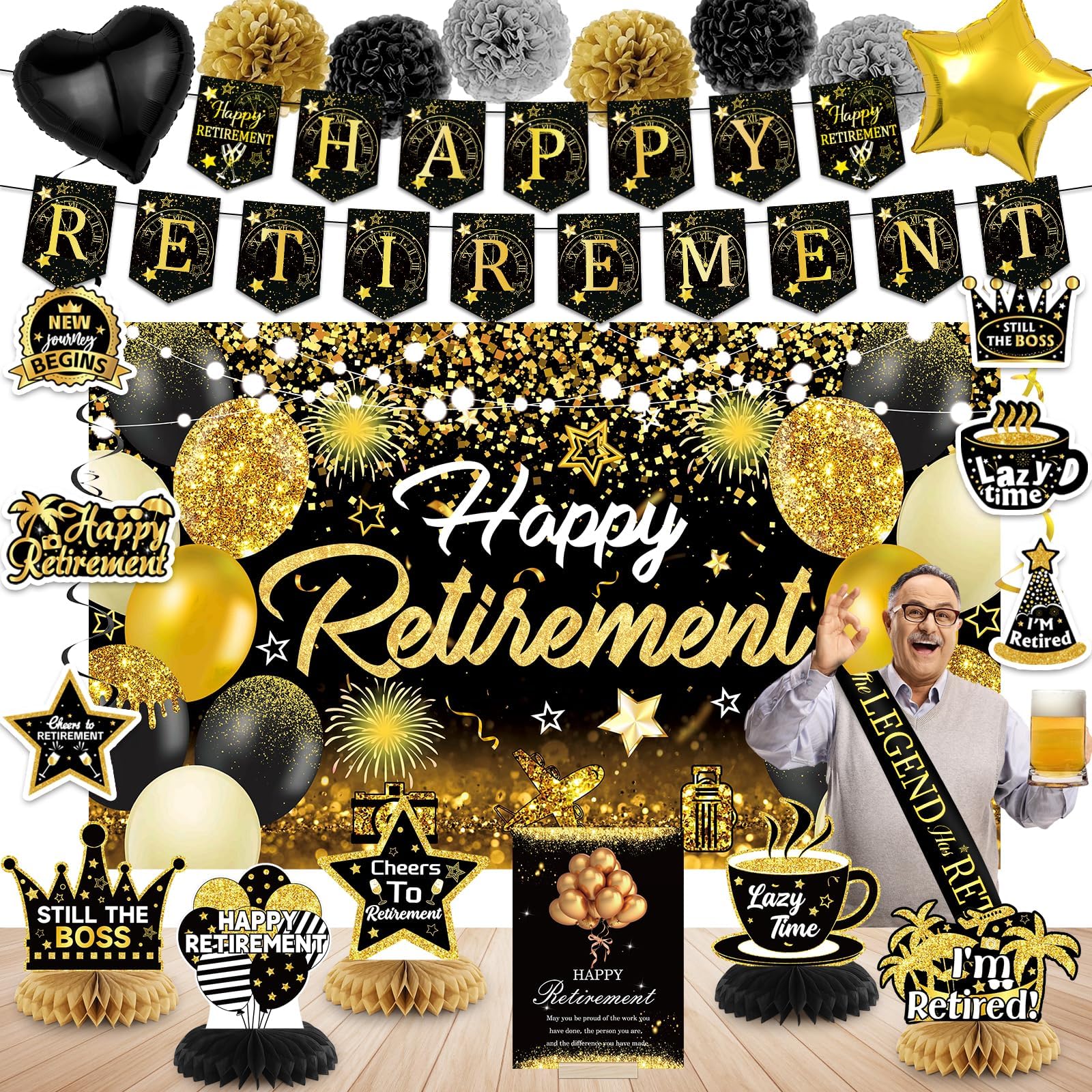 Amazon.com: Happy Retirement Party Decorations Kit Black Gold ...