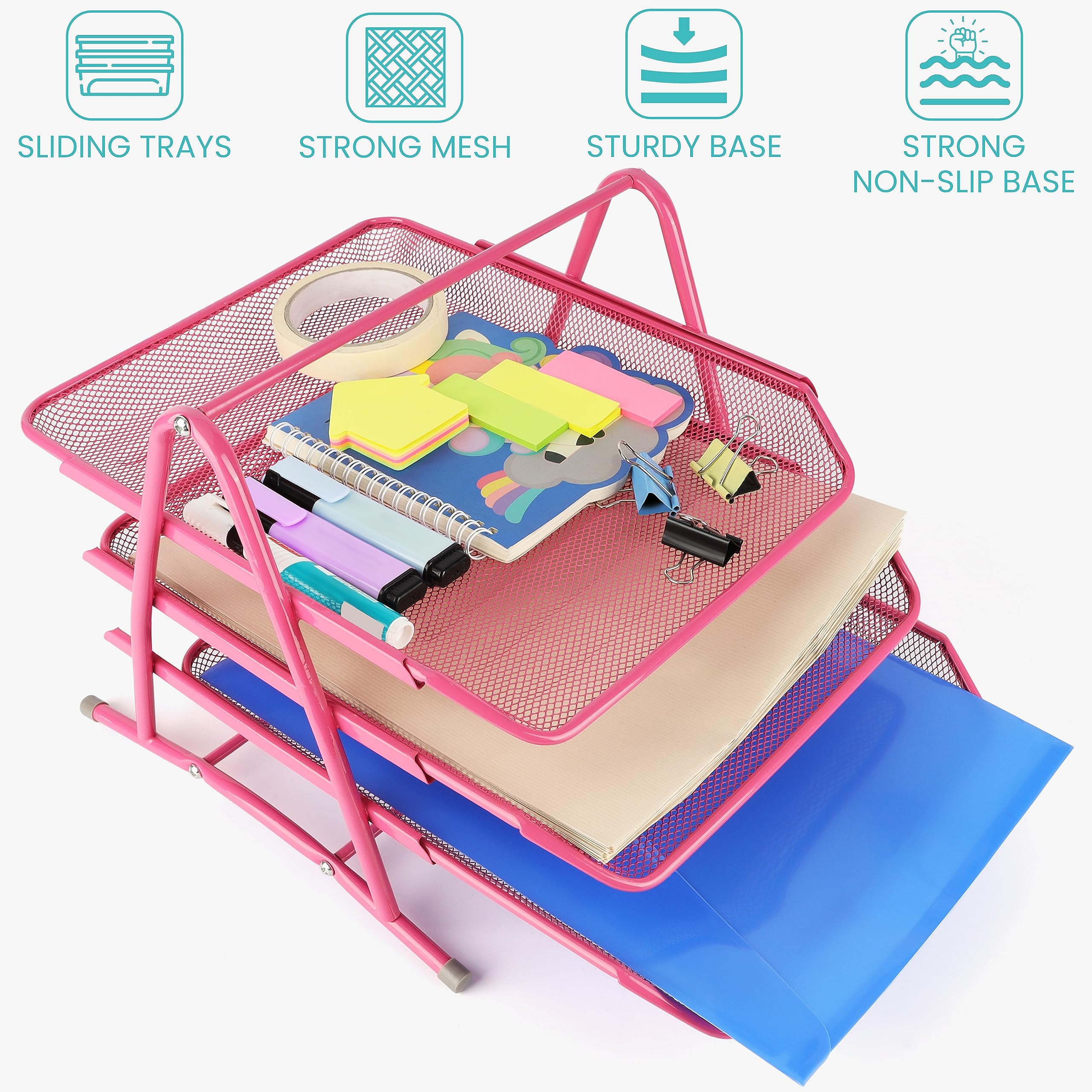 BELLE VOUS Pink Mesh 3-Tier Letter Tray Organiser – Metal A4 Office ...
