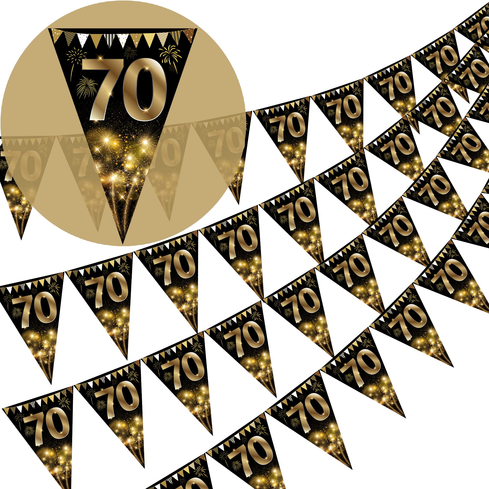 40Pcs Happy 70th Birthday Banner Bunting Flags Gold and Black Glitter ...