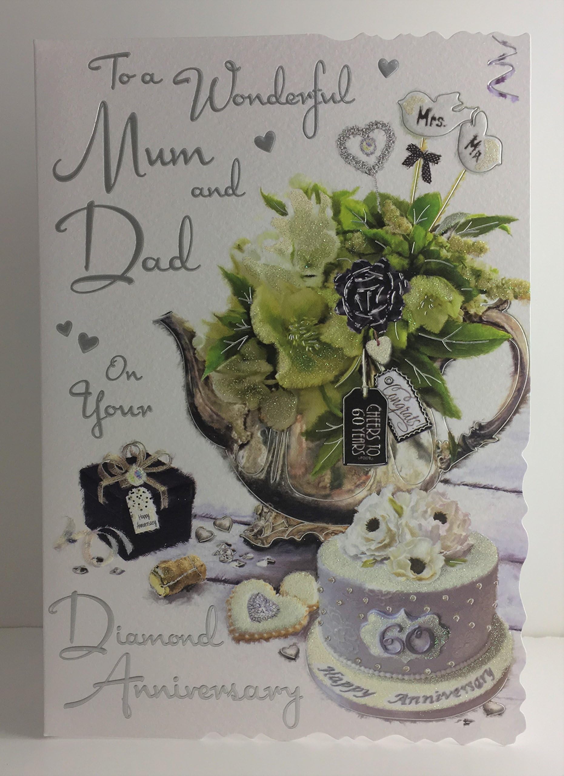 Mum & Dad Diamond 60th Wedding Anniversary Card - Flowers & Cake 9x6.25 ...