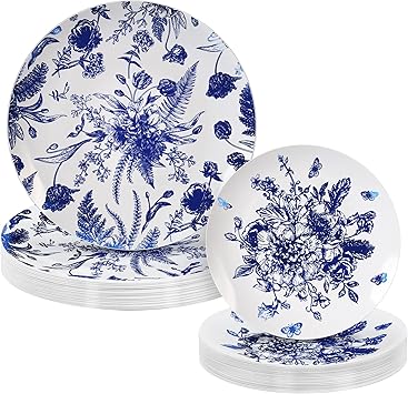 Amazon.com | durony 36 Pieces Blue & White Floral Plates Disposable ...