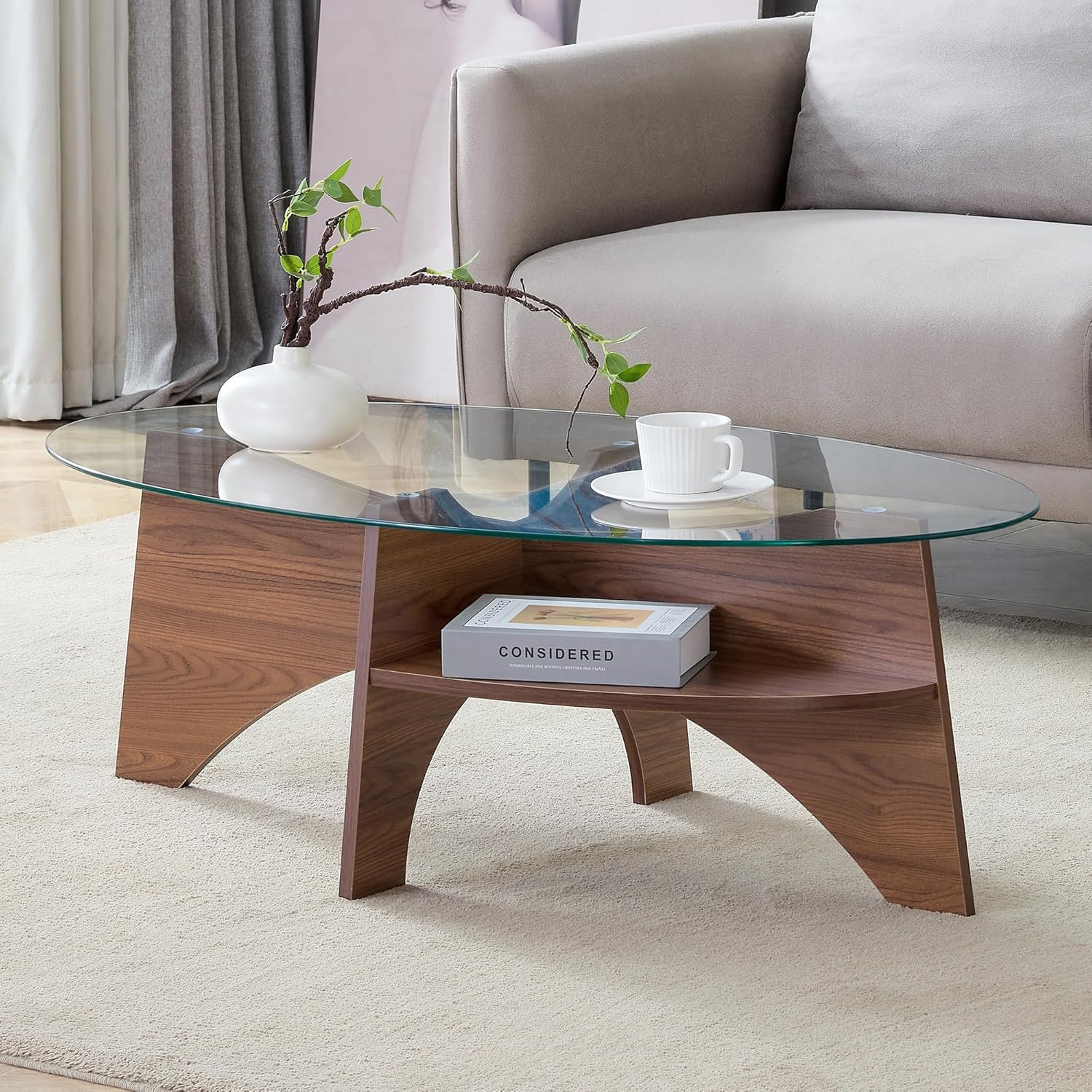 Amazon.com: UELKS 41.3" Oval Glass Coffee Table for Living Room, Mid ...