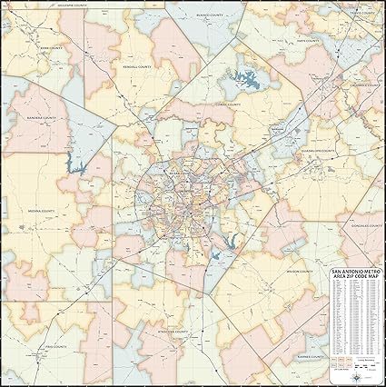 Amazon.com : San Antonio TX ZIP Code Laminated Map (40” wide x 40” tall ...