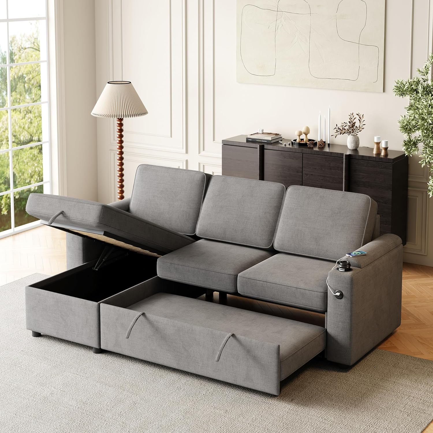 Amazon.com: FANYE L-Shaped Reversible Sleeper Sectional Sofa Linen Upholstered Corner ...