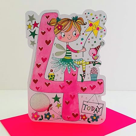 Twizler 4th Birthday Card for Girl with Cute Mermaid & Glitter - Four ...