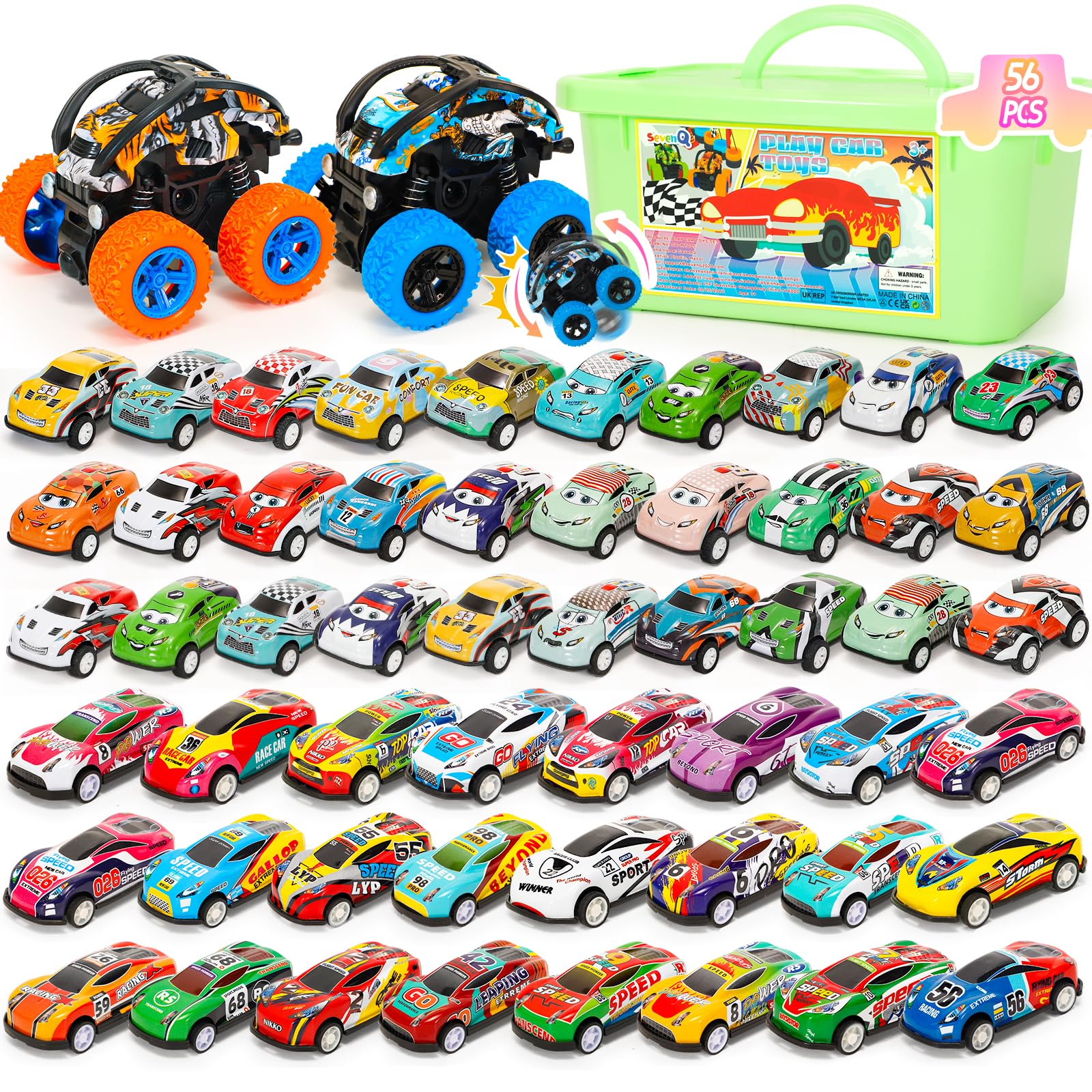 SevenQ Toy Cars for Kids Ages 4-8, 56Pcs Monster Truck Toys Pull Back ...