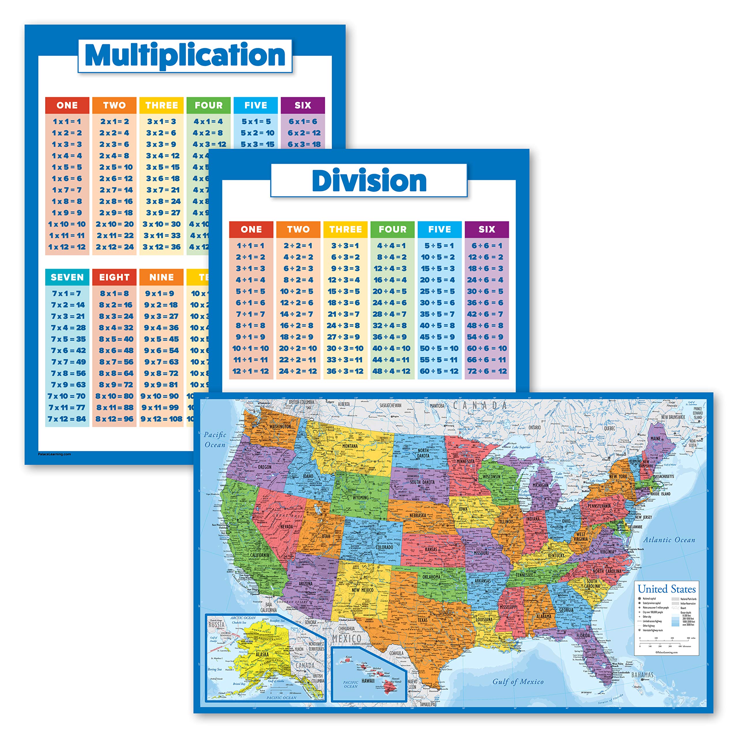 Buy 3 Pack - Multiplication Tables + Division + USA [Blue Ocean ...