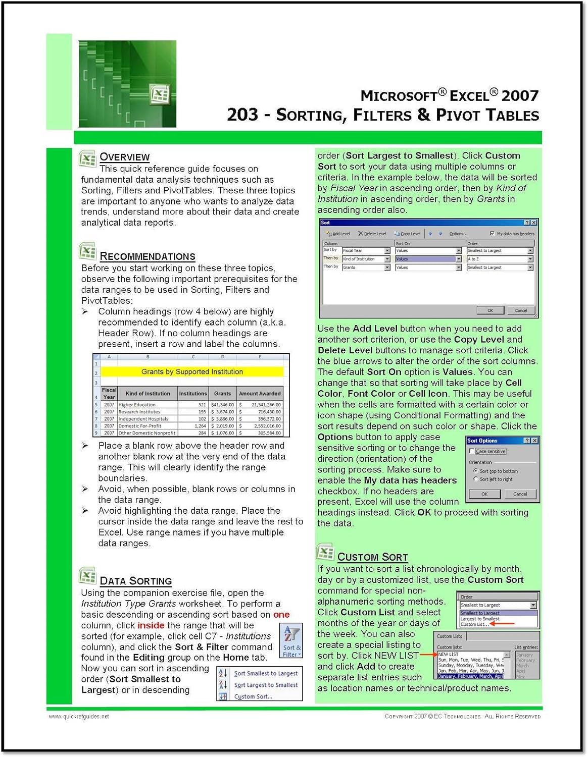 Amazon.com: Microsoft Excel 2007 Quick Reference Guide - Excel 203: Sorting, Filters & Pivot ...