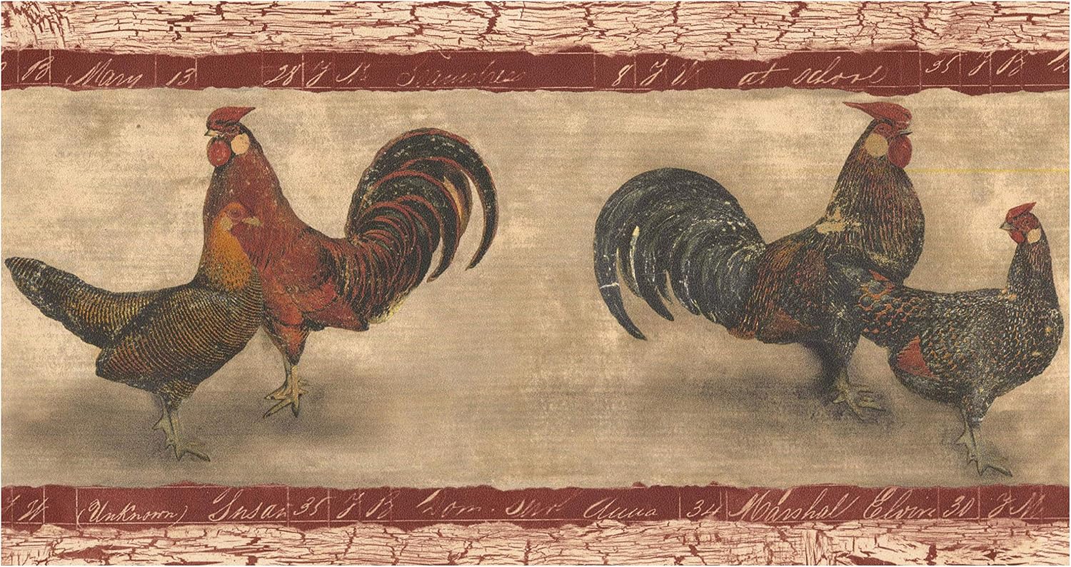Wall Border - Colorful Rooster Hen Beige Grey Wallpaper Border Retro ...