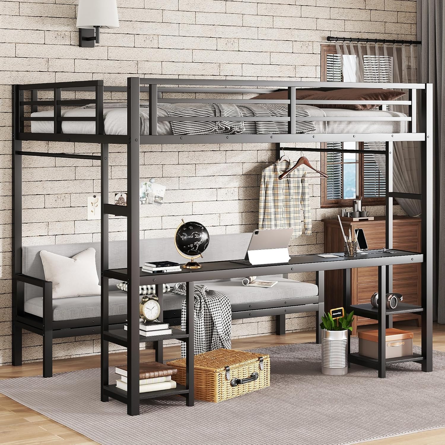 Amazon.com: Metal Bunk Bed Queen Over Twin XL with Desk and Shelves ...