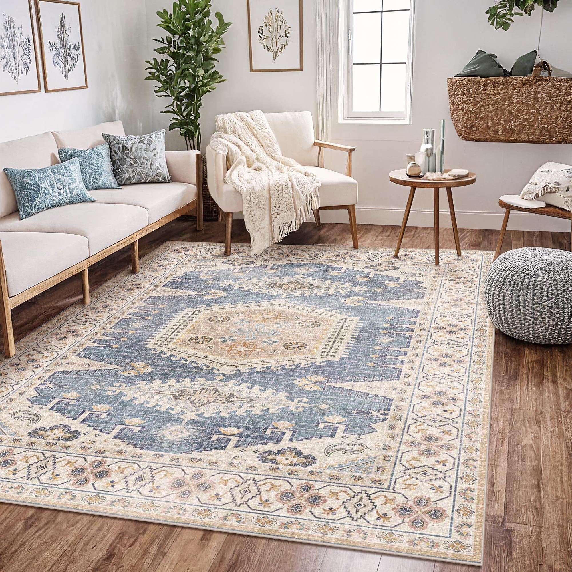 Amazon.com: Kokia Area Rugs Living Room 8x10 Ultra-Thin Washable Blue ...