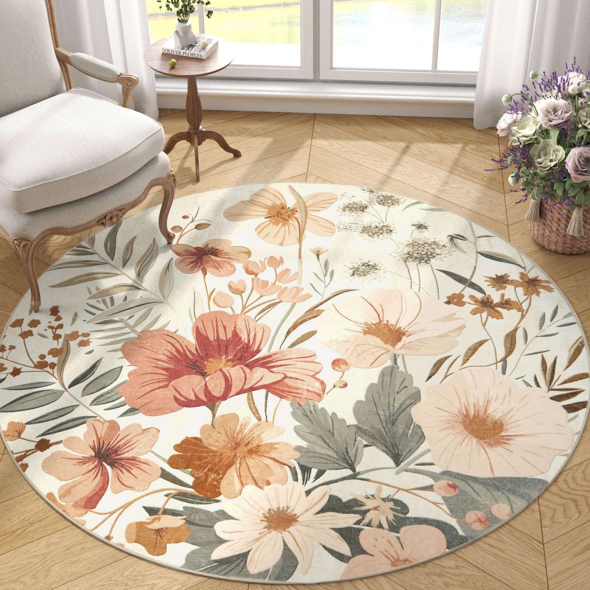 jinchan Round Rug Area Rug Indoor Floral Circle Rug Round Washable Rug ...