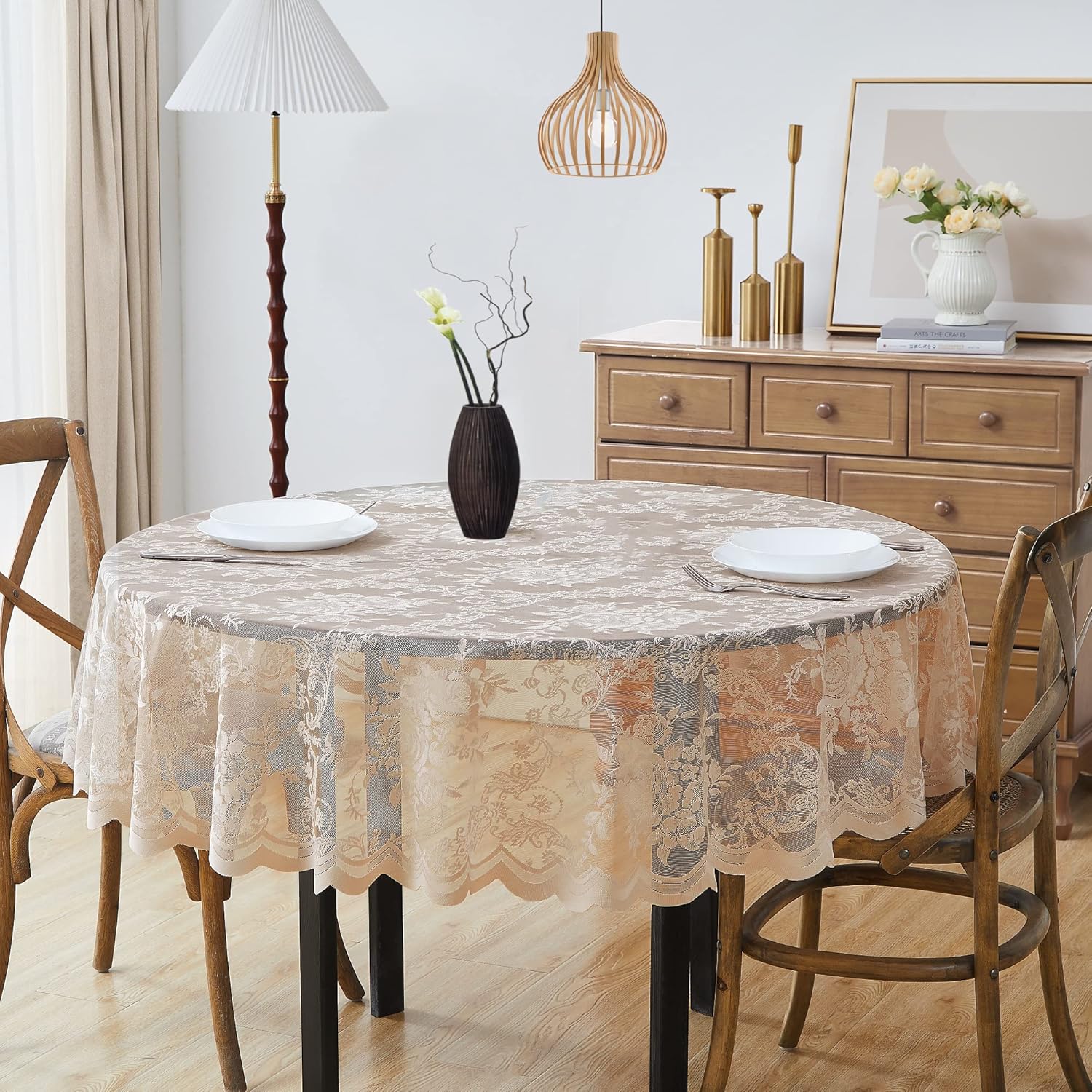 Amazon.com: ASATEX 70 Inch Golden Linen Round Lace Tablecloth. Classic ...