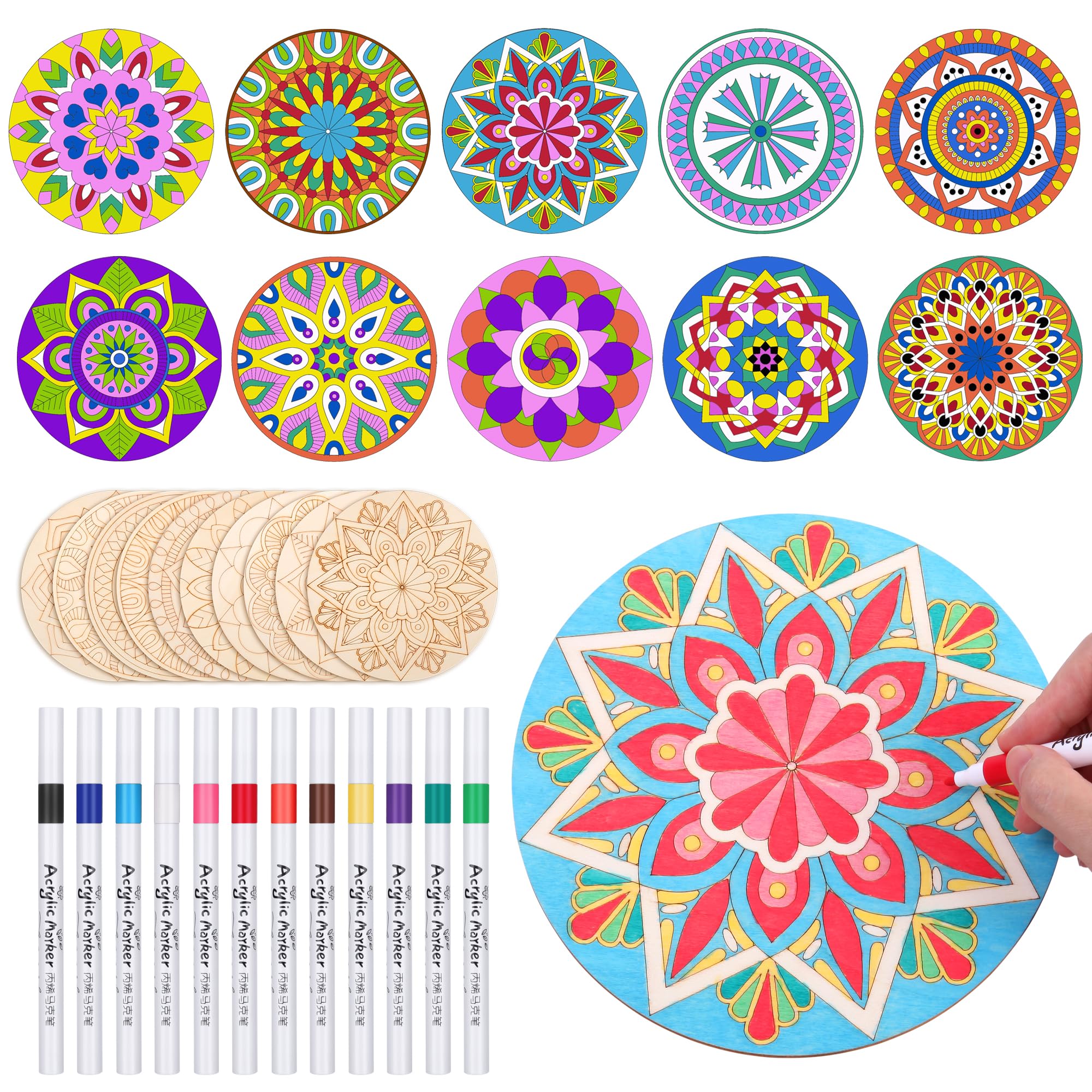 Amazon.com: Smmwoom 22 Pcs Wooden Mandala Painting Set 10 Mandala ...