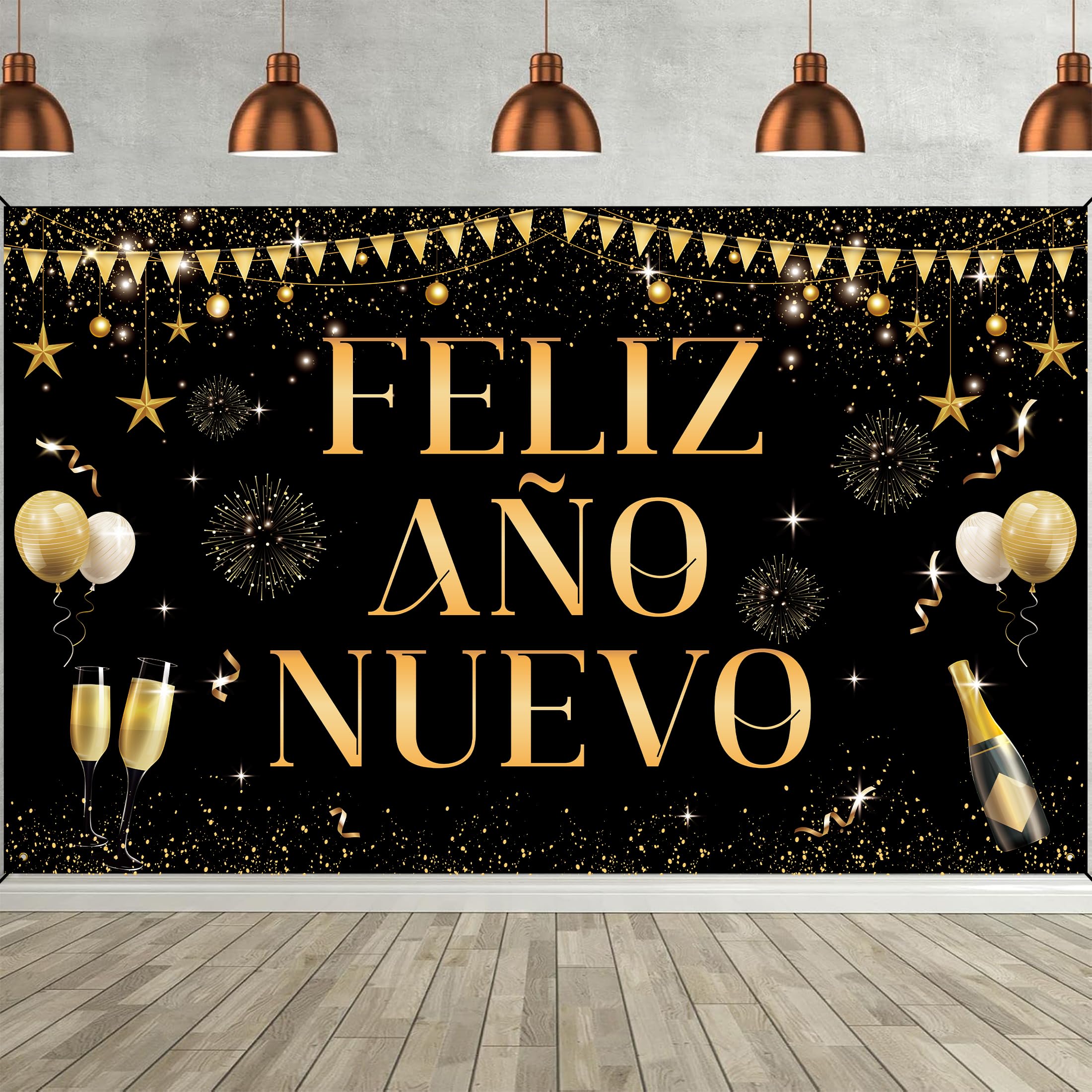 Amazon.com: Large Feliz Año Nuevo Banner Backdrop Black and Gold New ...