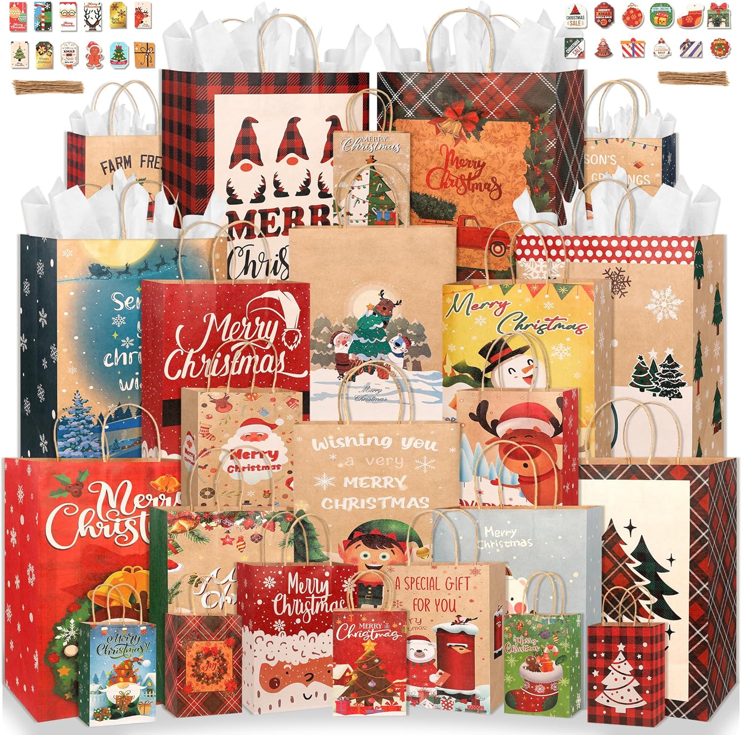 Amazon.com: 24 Christmas Gift Paper Bags Bulk with handles Wrapping ...