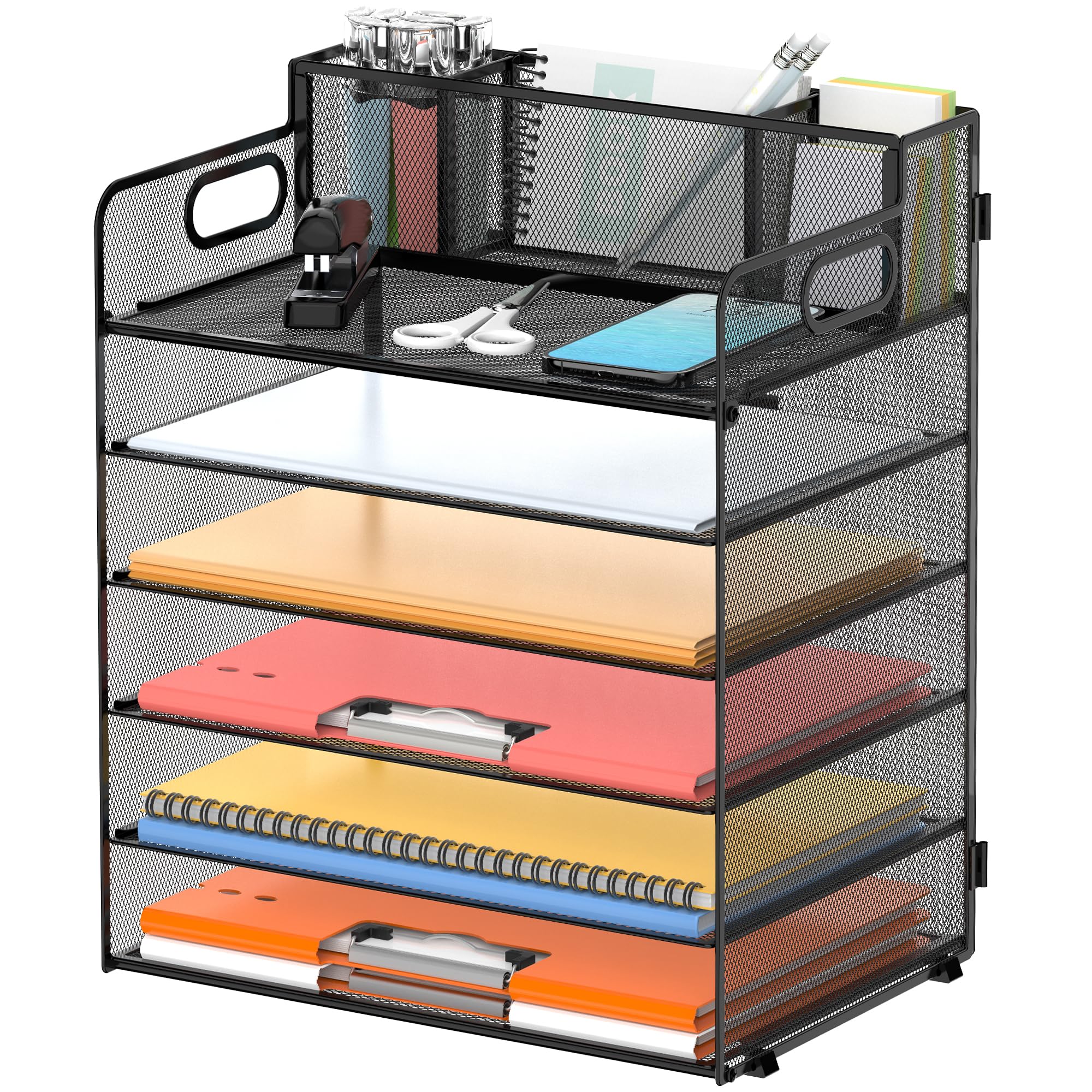 DALTACK Paper Organizer for Desk with 3 Pen Holders, 6-Tier Desk ...