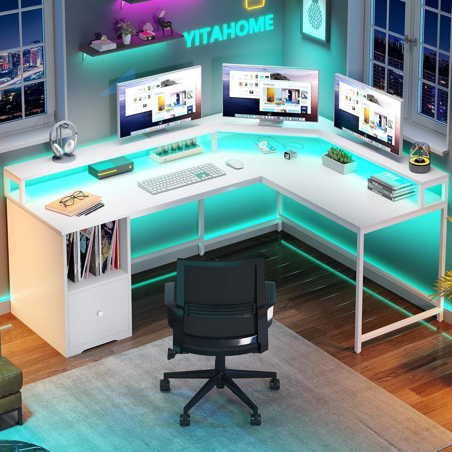 Amazon.com: YITAHOME L Shaped Desk with File Drawer & 3 Cubbies Storage ...