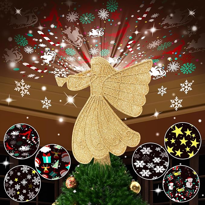 Amazon.com: Christmas Tree Topper Lighted with 6 Projection Modes, Gold ...
