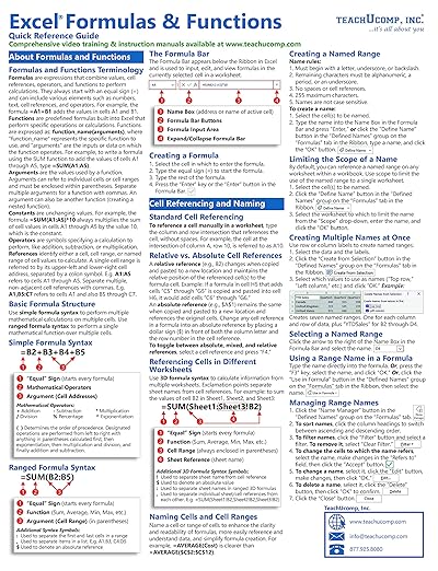 Microsoft Excel Formulas and Functions Laminated Quick Reference Training Tutorial Guide Cheat ...