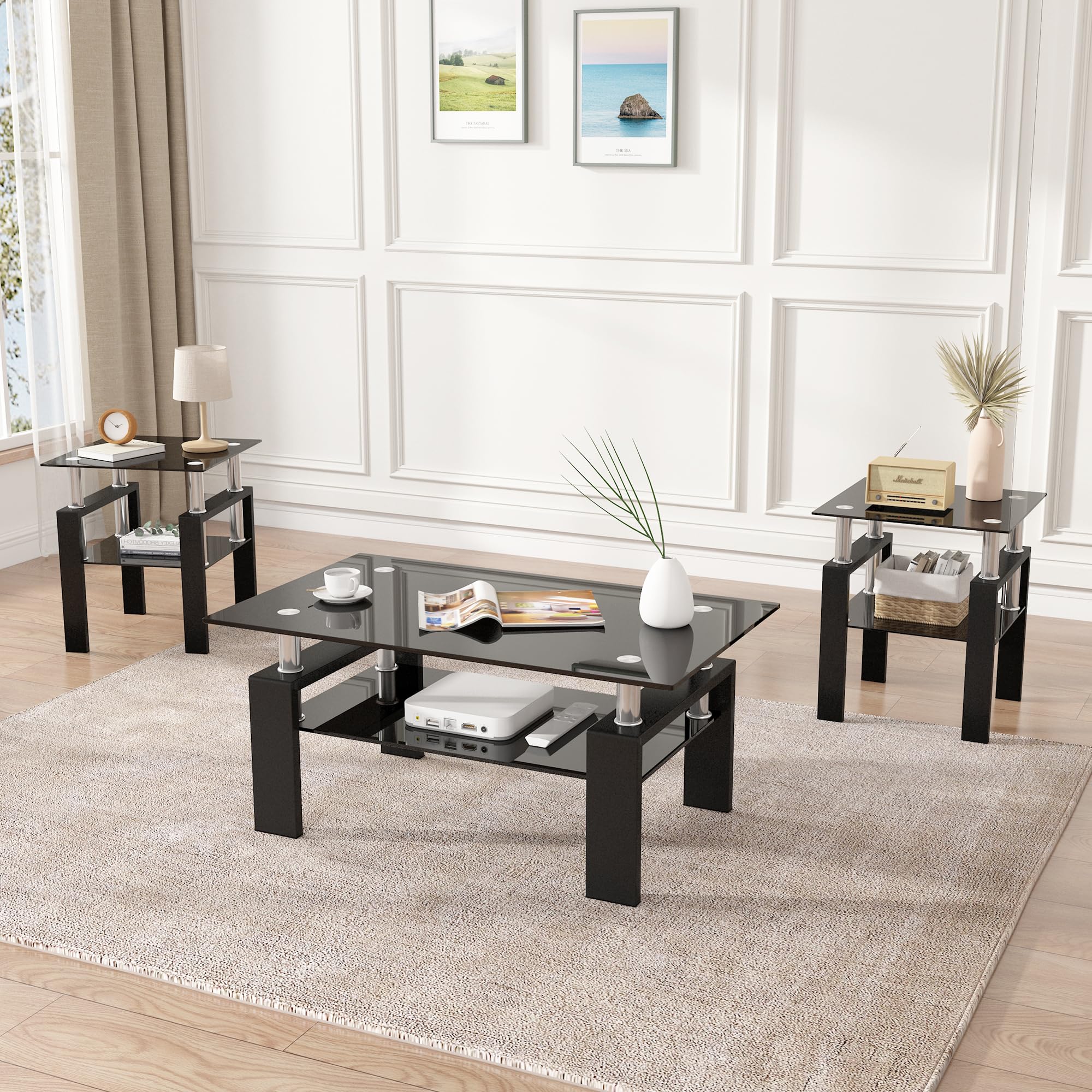 Amazon.com: 3 Piece Living Room Table Set, Glass Coffee Table and End ...