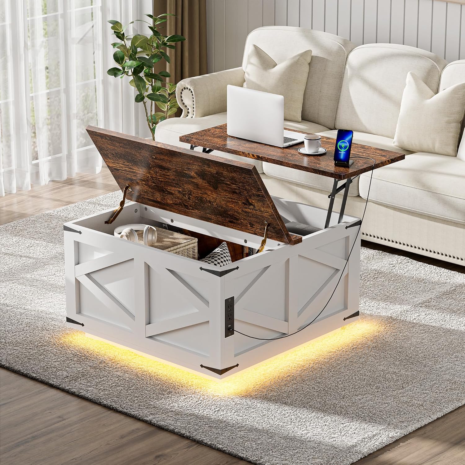 Amazon.com: Dutsalrun Lift-Up Coffee Table with LED Storage and ...