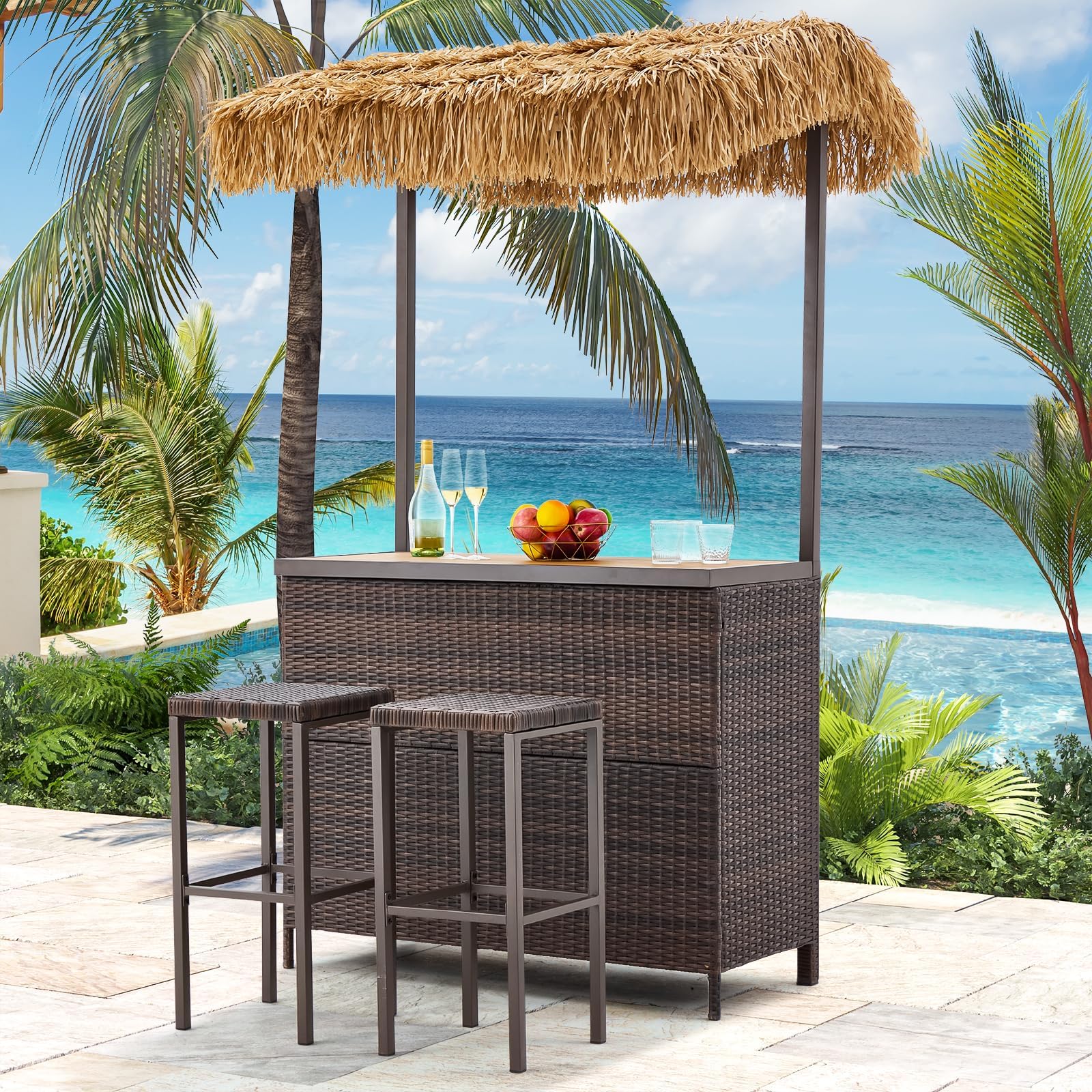 Amazon.com: HOMREST Outdoor Tiki Bar Set, 3 Pieces Wicker Patio Bar Set ...
