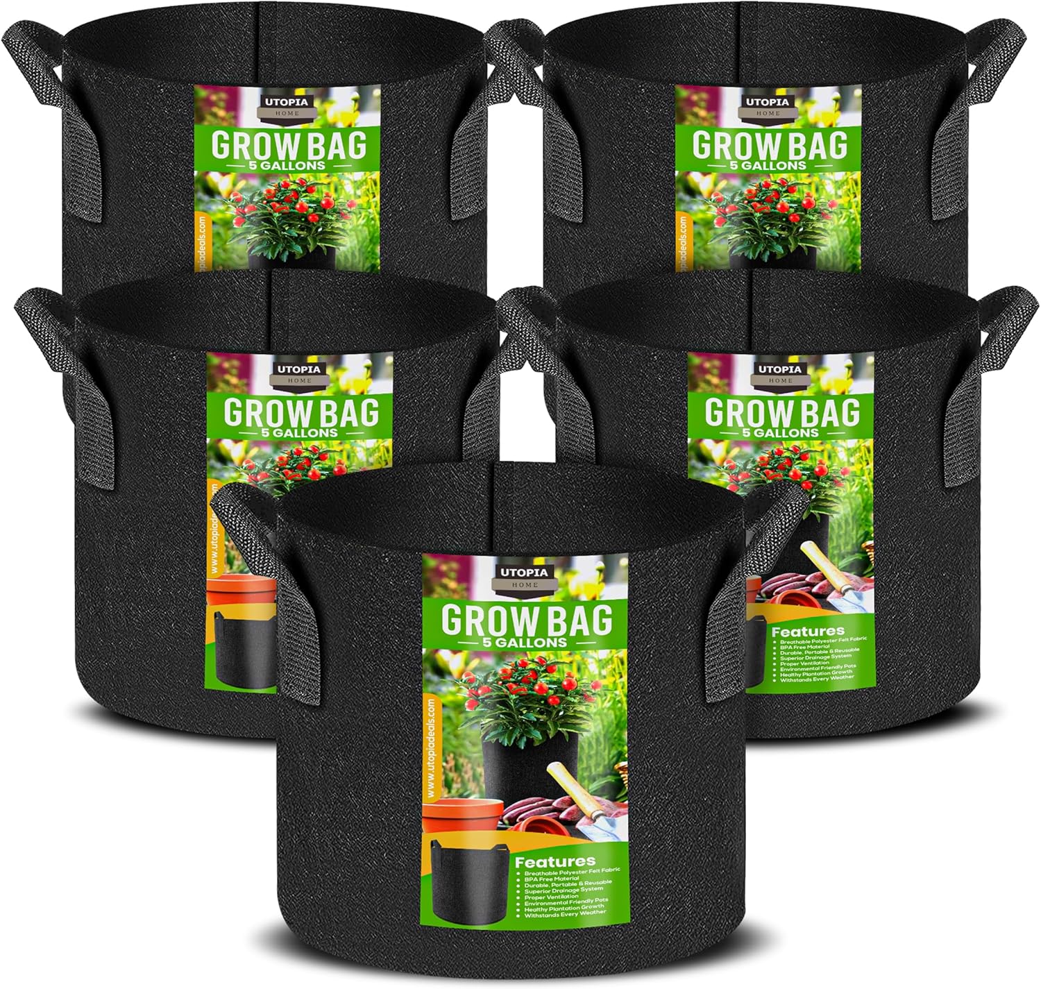 Utopia Home Grow Bags 5 Gallon 5-Pack Fabric Planters Pot, Heavy Duty ...