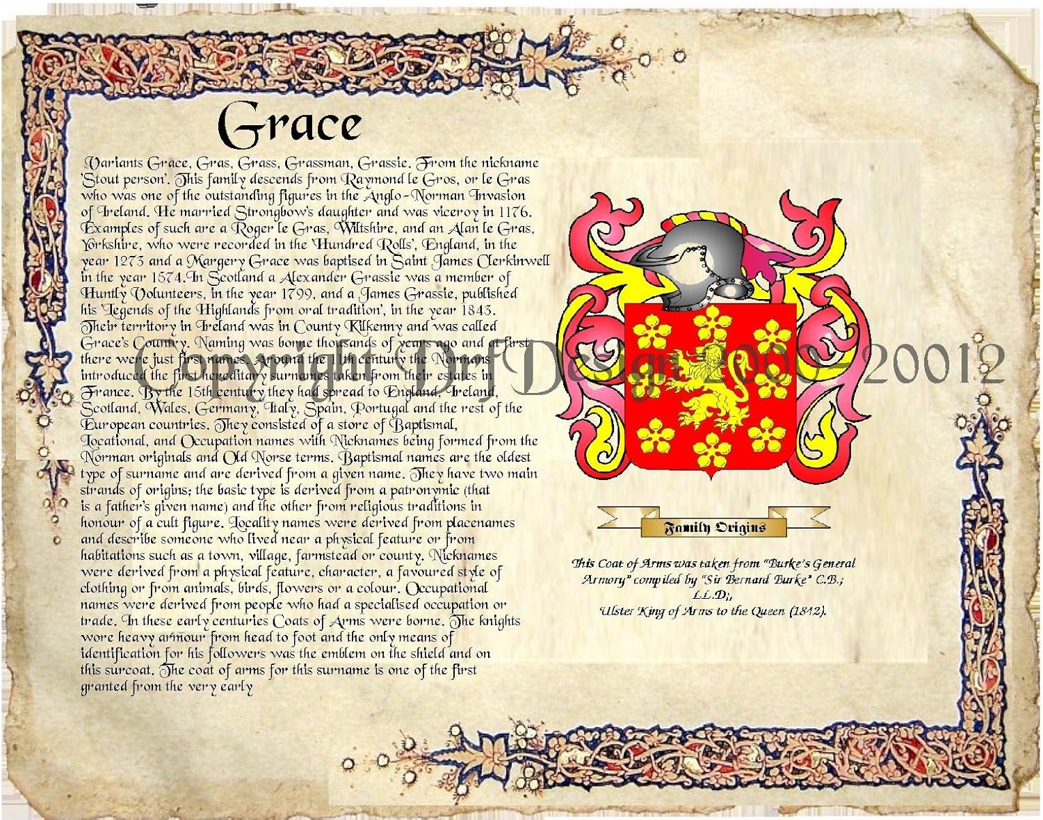 Amazon.com: Grace Coat of Arms/ Family Crest on Fine Paper and Family ...