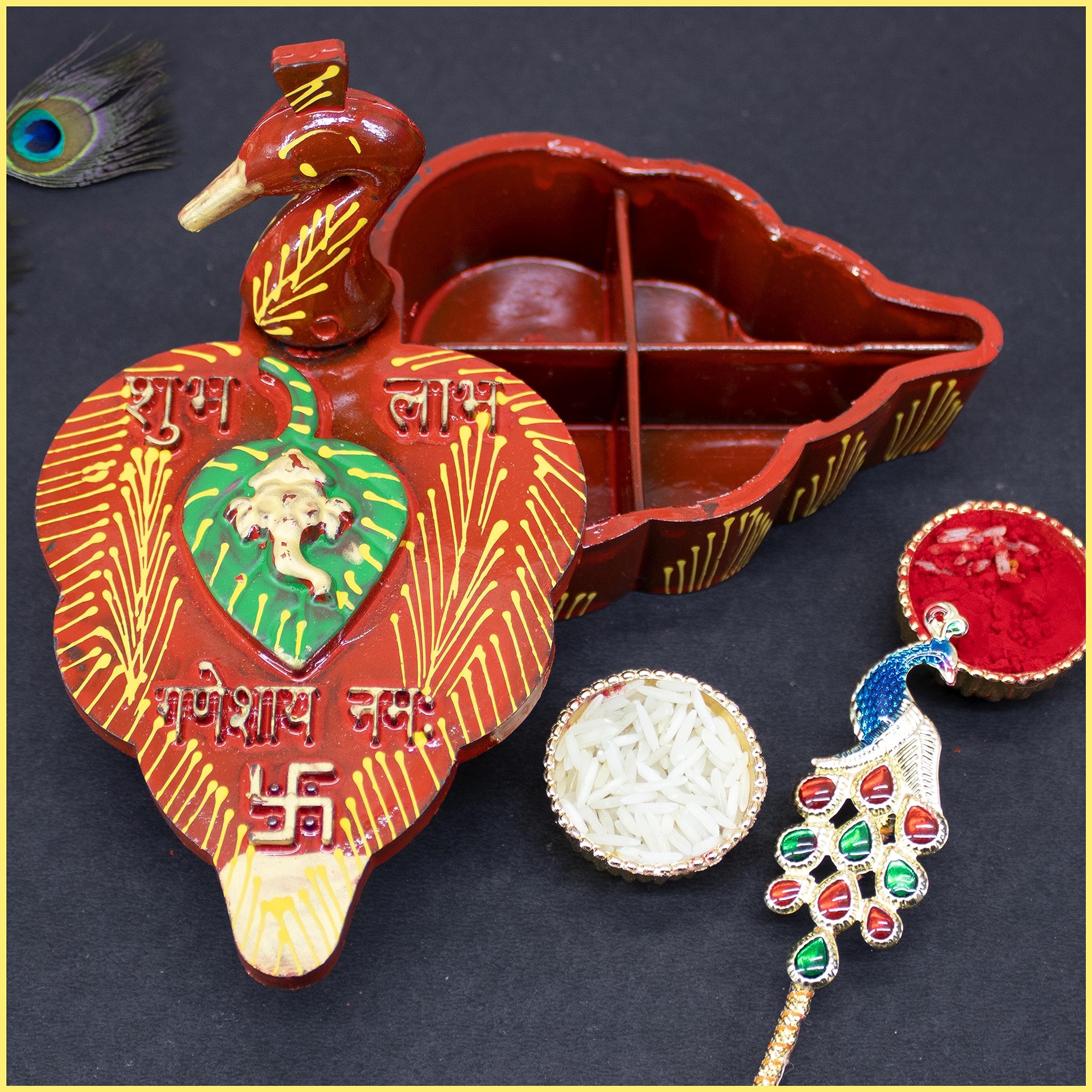 Buy Triangular Wood Roli Tika Chopra in Peacock Shape Meenakari Work ...