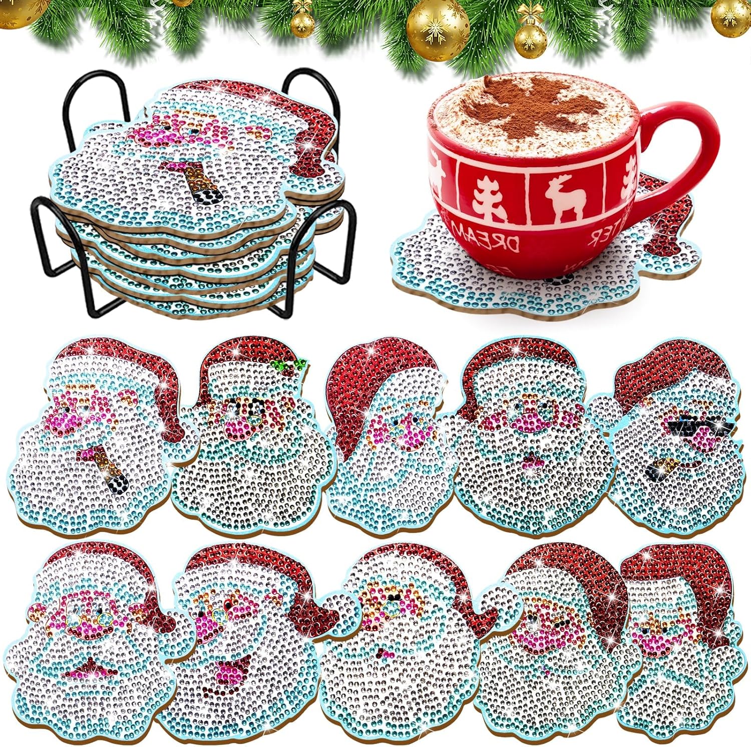 Amazon.com: YLOLUL 10 Pcs Christmas Santa Claus Diamond Art Coasters ...