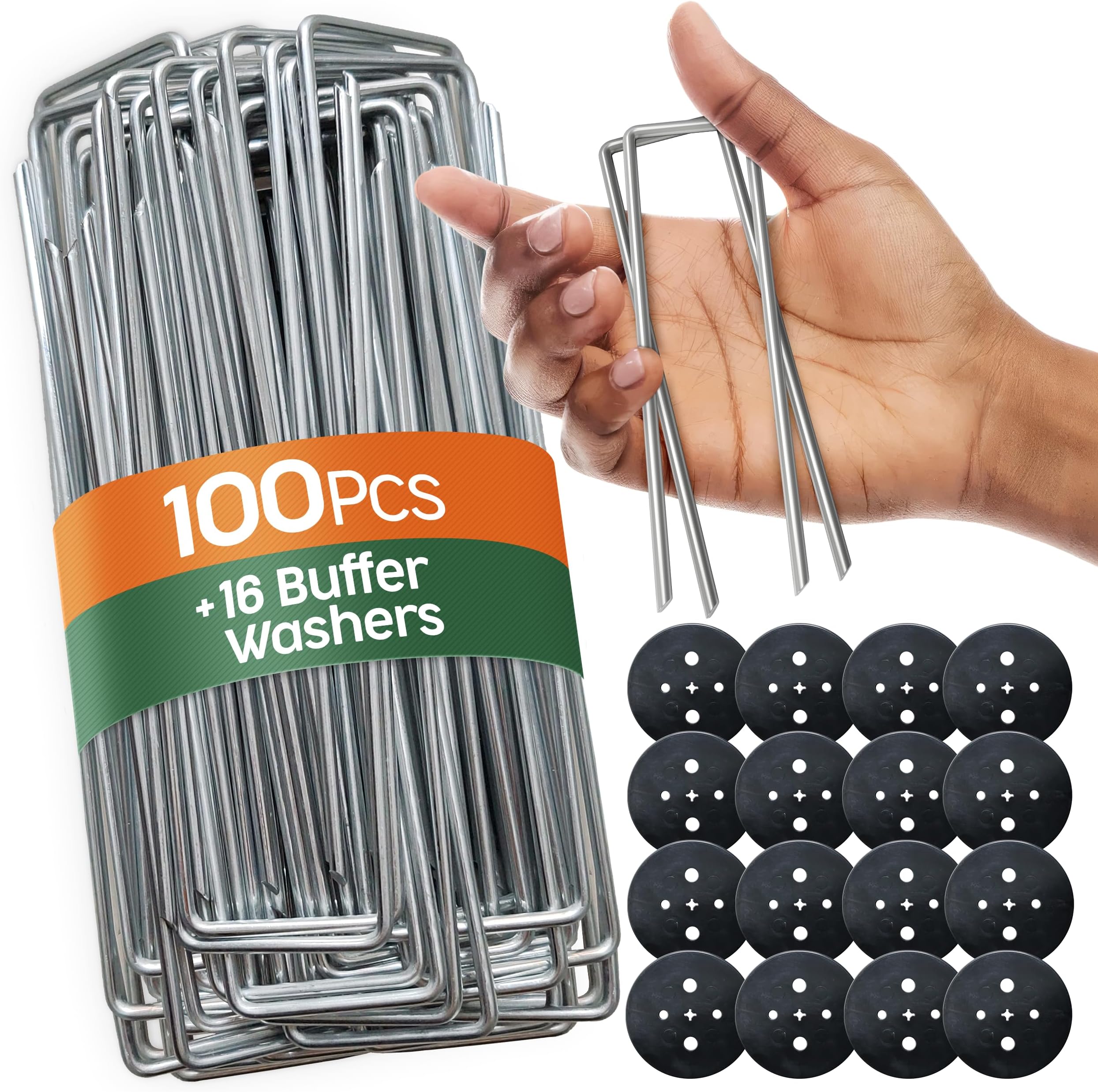 PORTENTUM Weed Membrane Pegs 100 pcs + 16 Washers – 6 Inch/150mm U ...