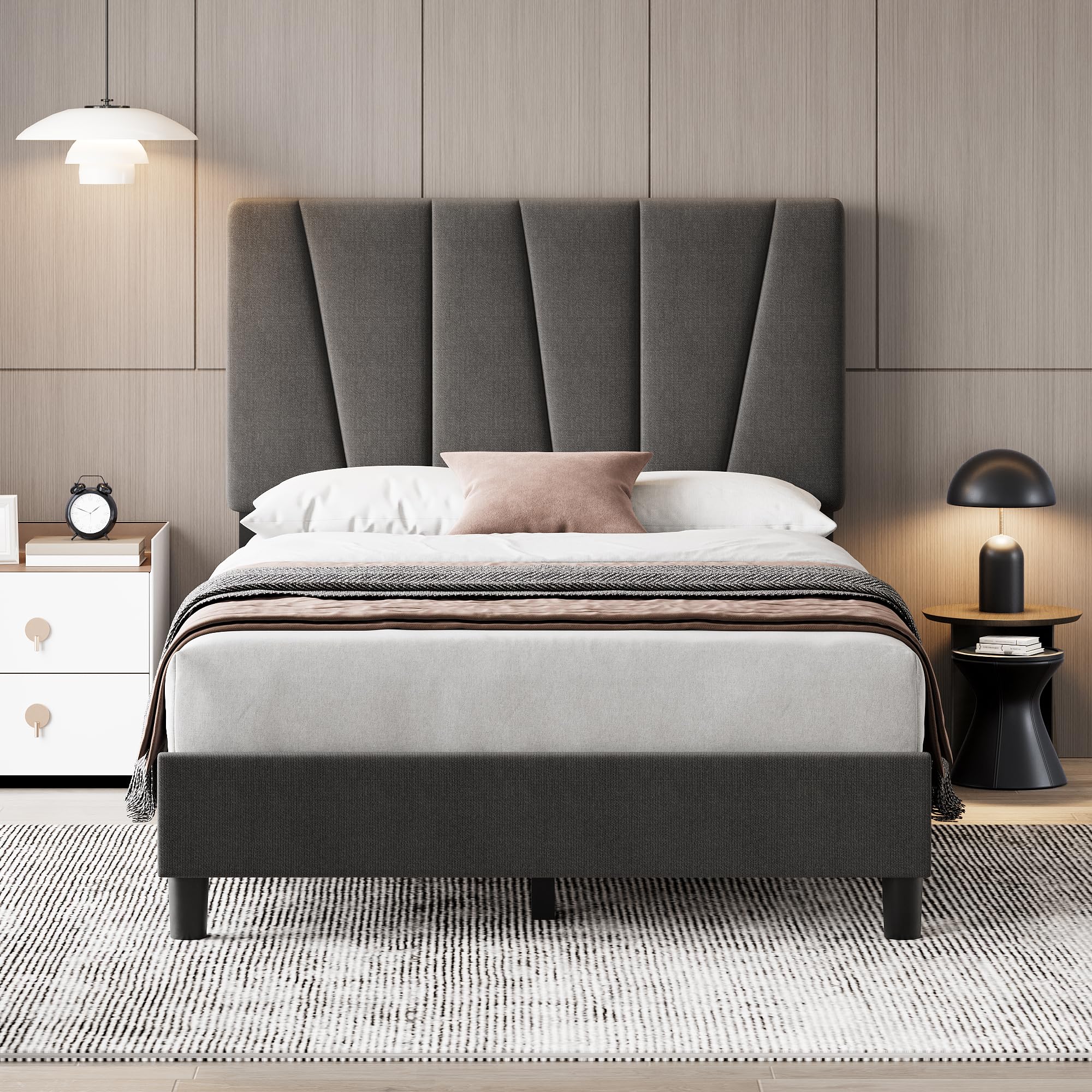 Amazon.com: IDEALHOUSE Twin Bed Frame with Headboard,Linen Upholstered ...