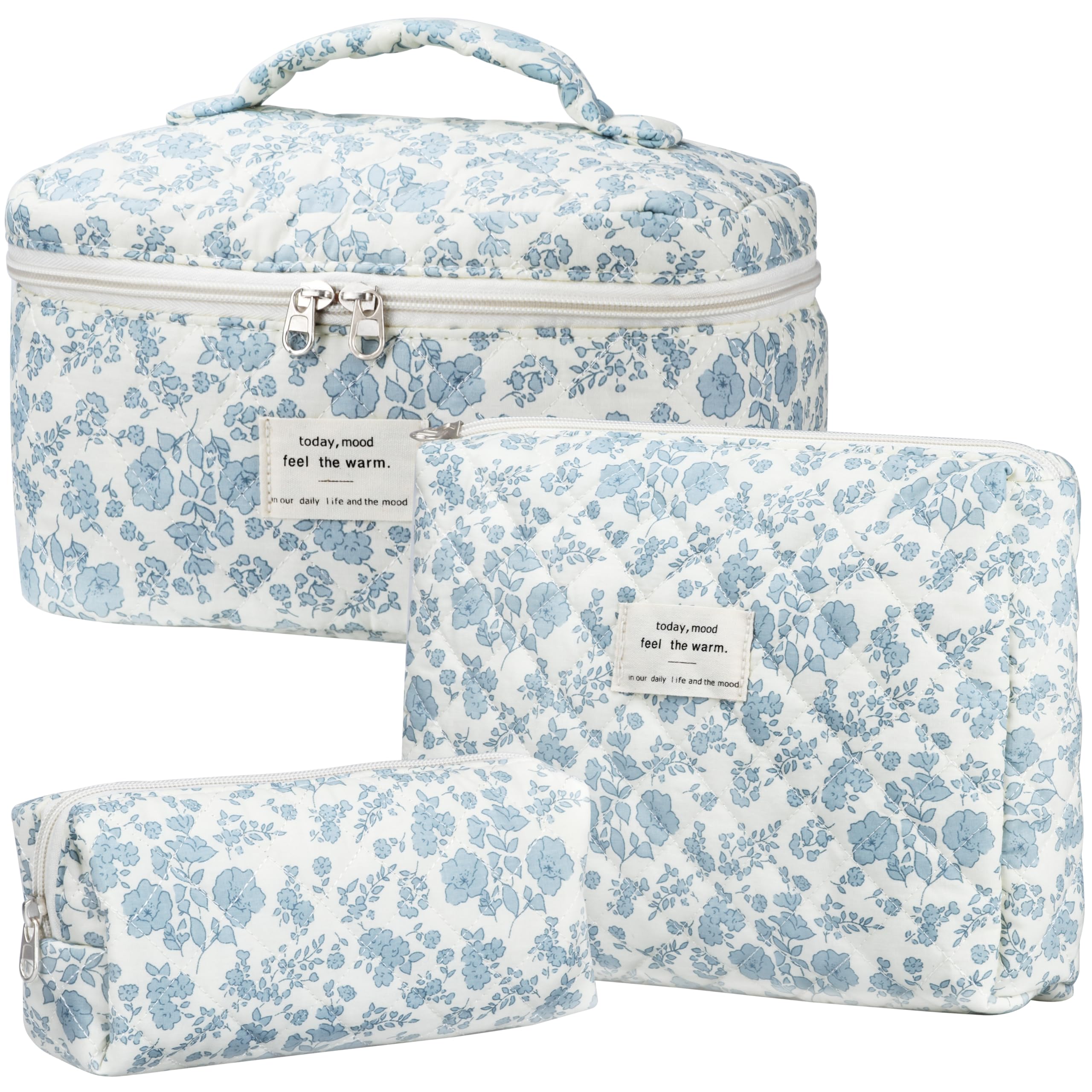 Amazon.com: TESAFNG Quilted Makeup Bag Set - 3 PCS Cute Floral Cotton ...