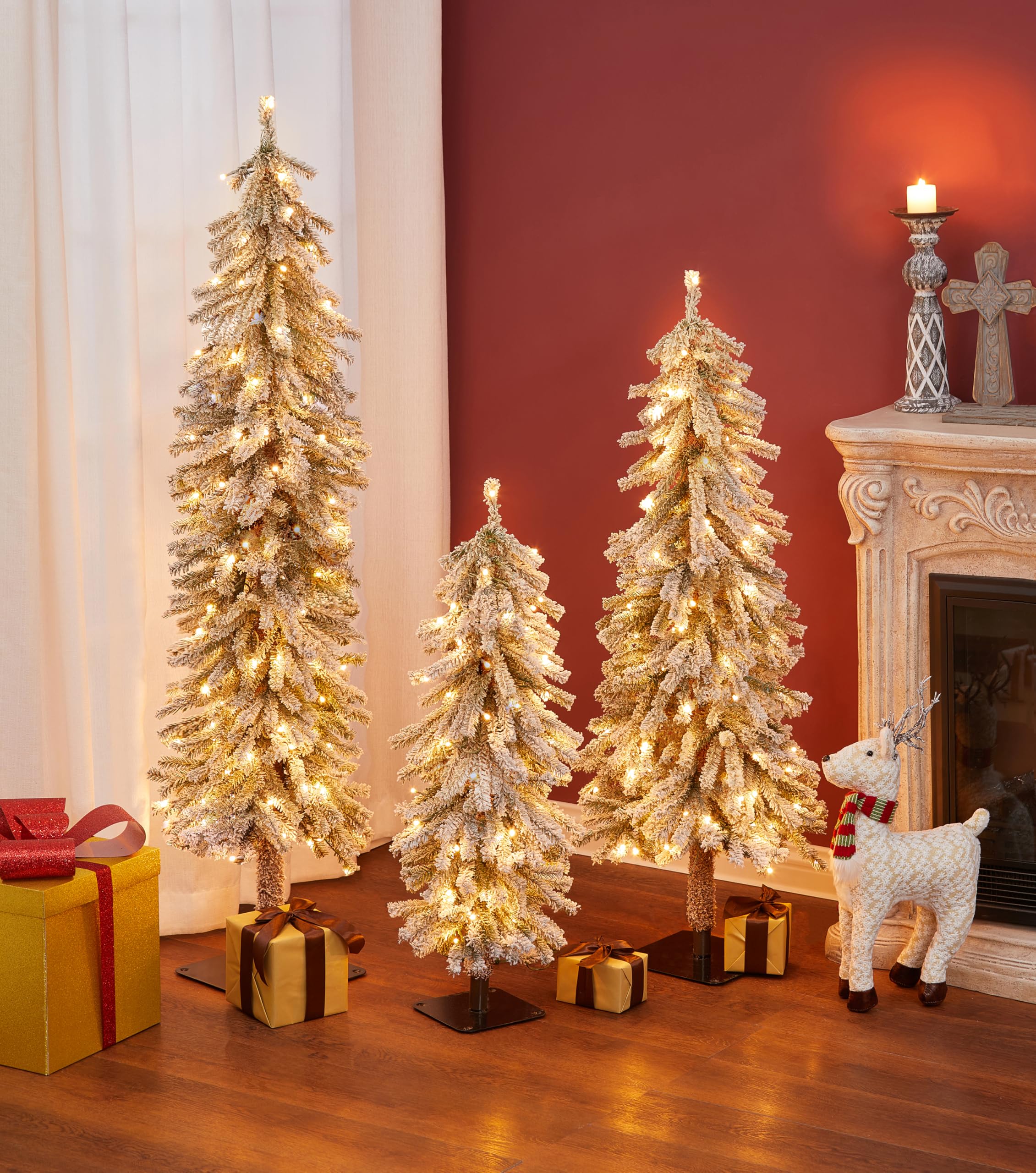 LuxenHome Set of 3 Christmas Trees, Flocked Fir Slim Christmas Tree ...