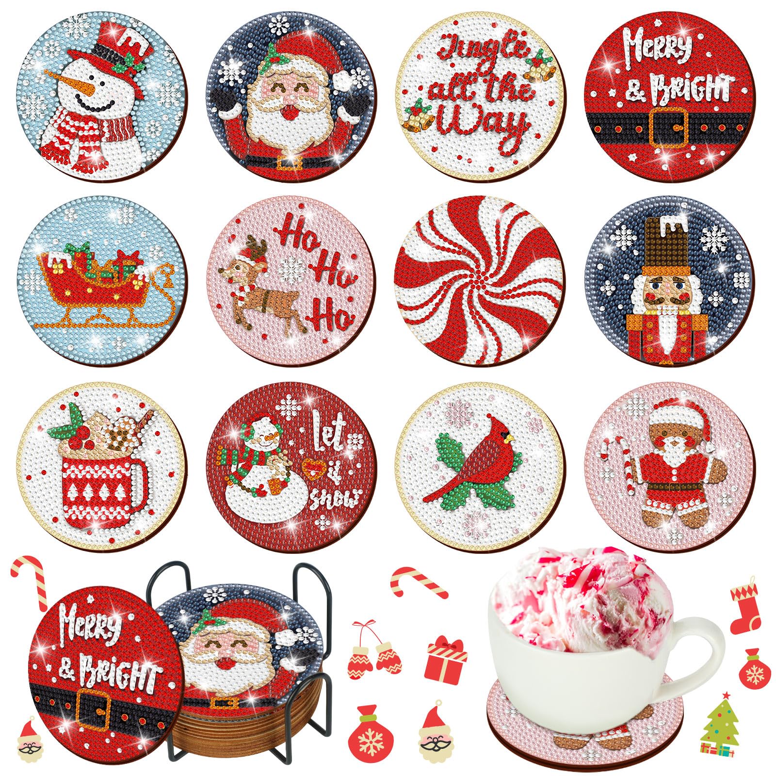 Amazon.com: 12 Pcs Christmas Diamond Art Coasters Classic Christmas ...