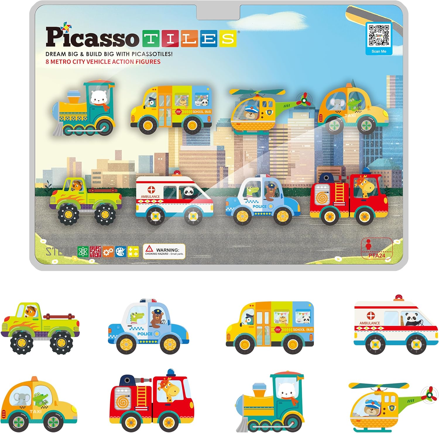 PicassoTiles 8pc Magnet Building Blocks Metro City 8 Vehicle Magnetized ...