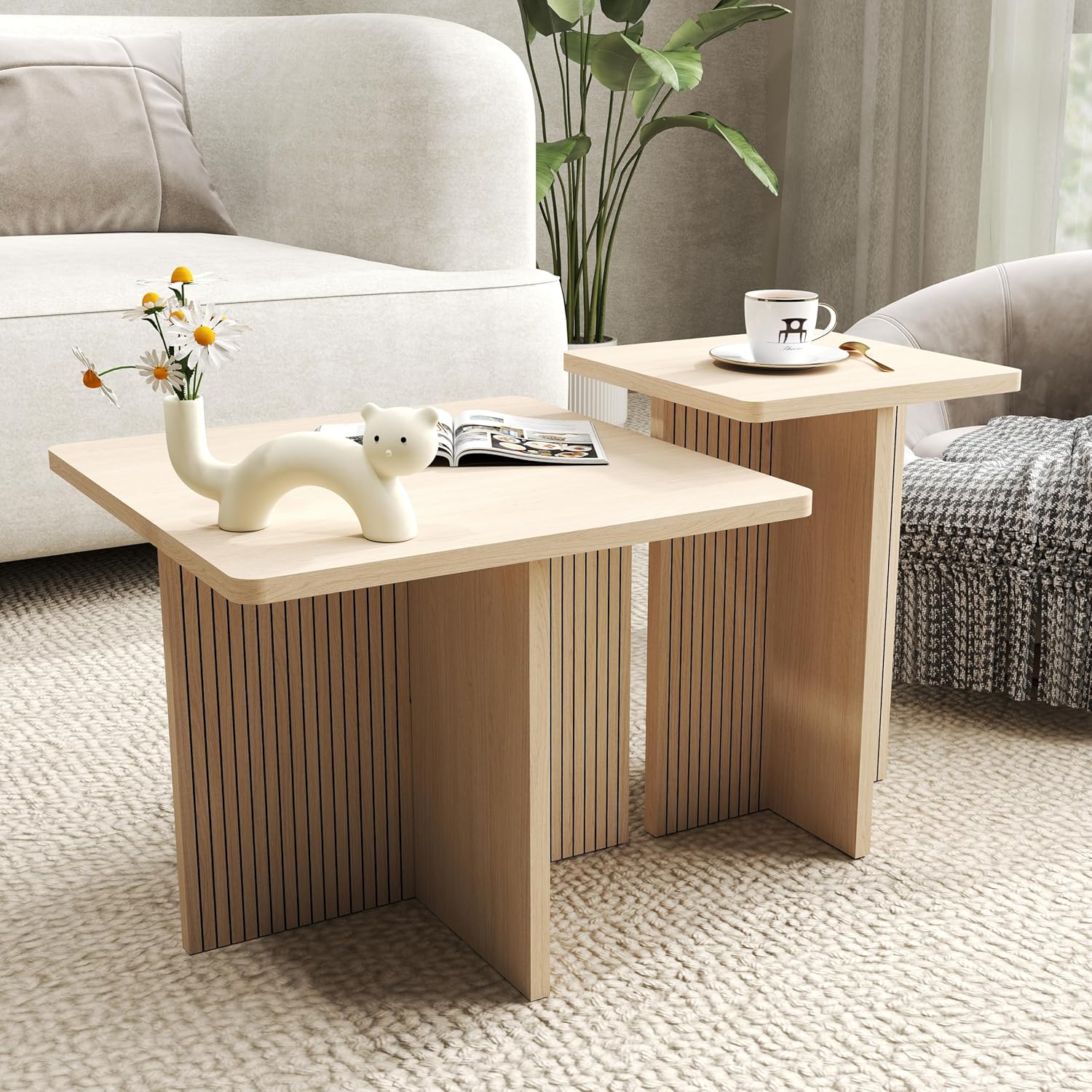 Amazon.com: Modern Coffee Tables, Fluted Nesting Coffee Table Set of 2, Wood Grain Color end ...