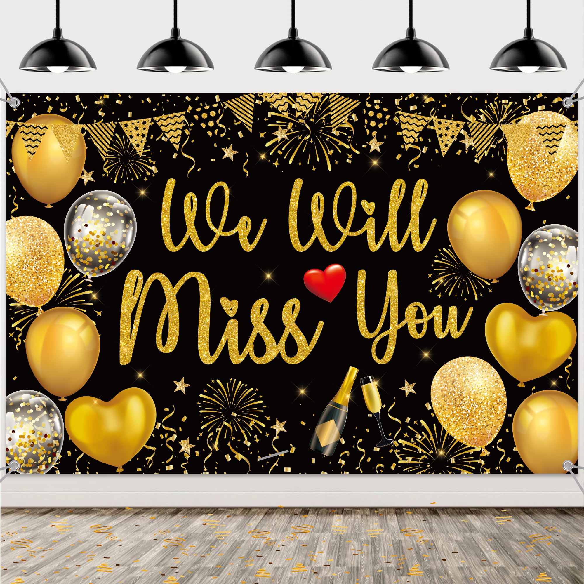 We Will Miss You Banner - Black Gold Retirement Party Backdrop ...