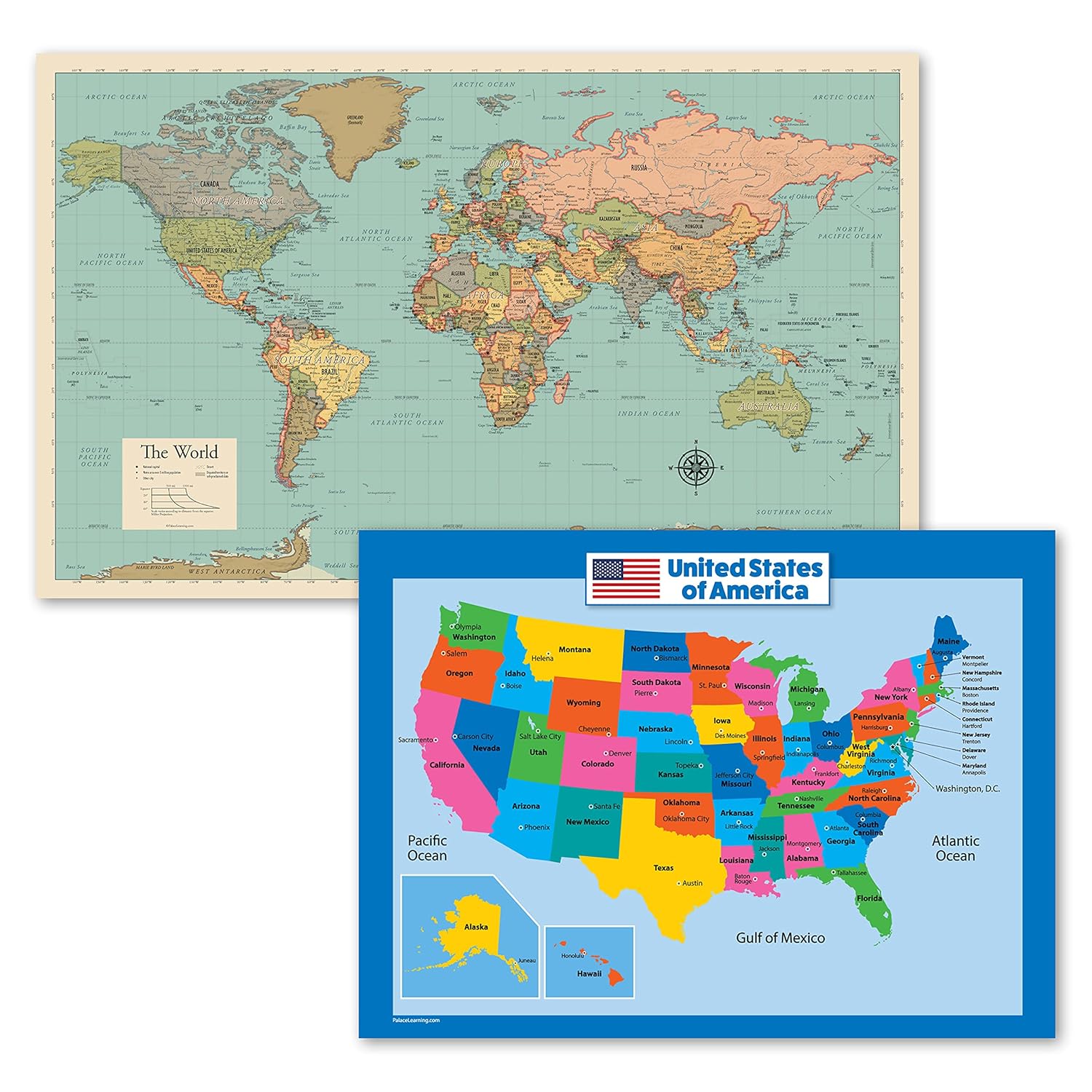 Amazon.com : 2 Pack - World Map [Tan/Color] & USA Map for Kids [18x24 ...