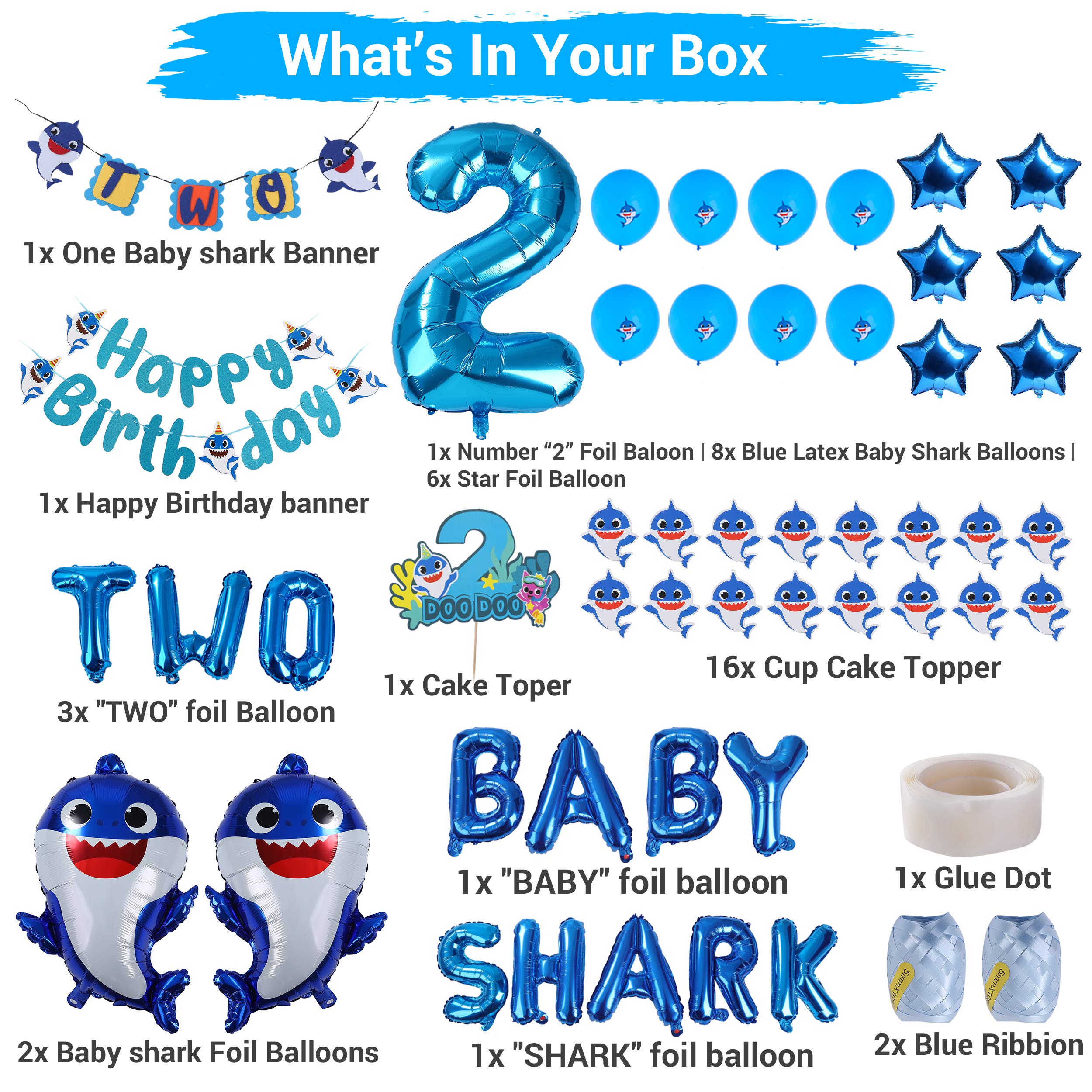 Baby Shark 2nd Birthday Decorations Boy - Blue Baby Shark TWO TWO TWO ...