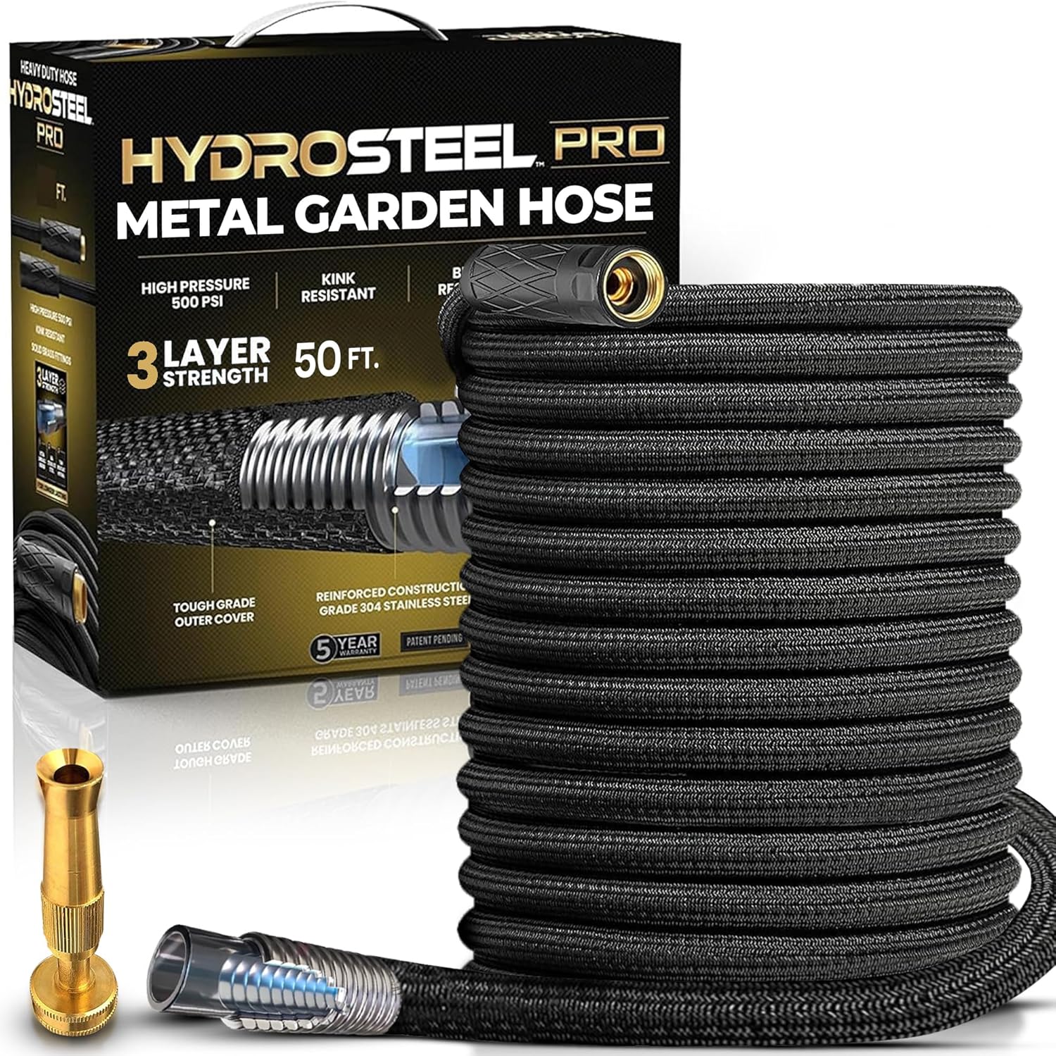 HYDROSTEEL PRO Metal Garden Hose 50 Ft, Rust Proof 304 Stainless Steel ...