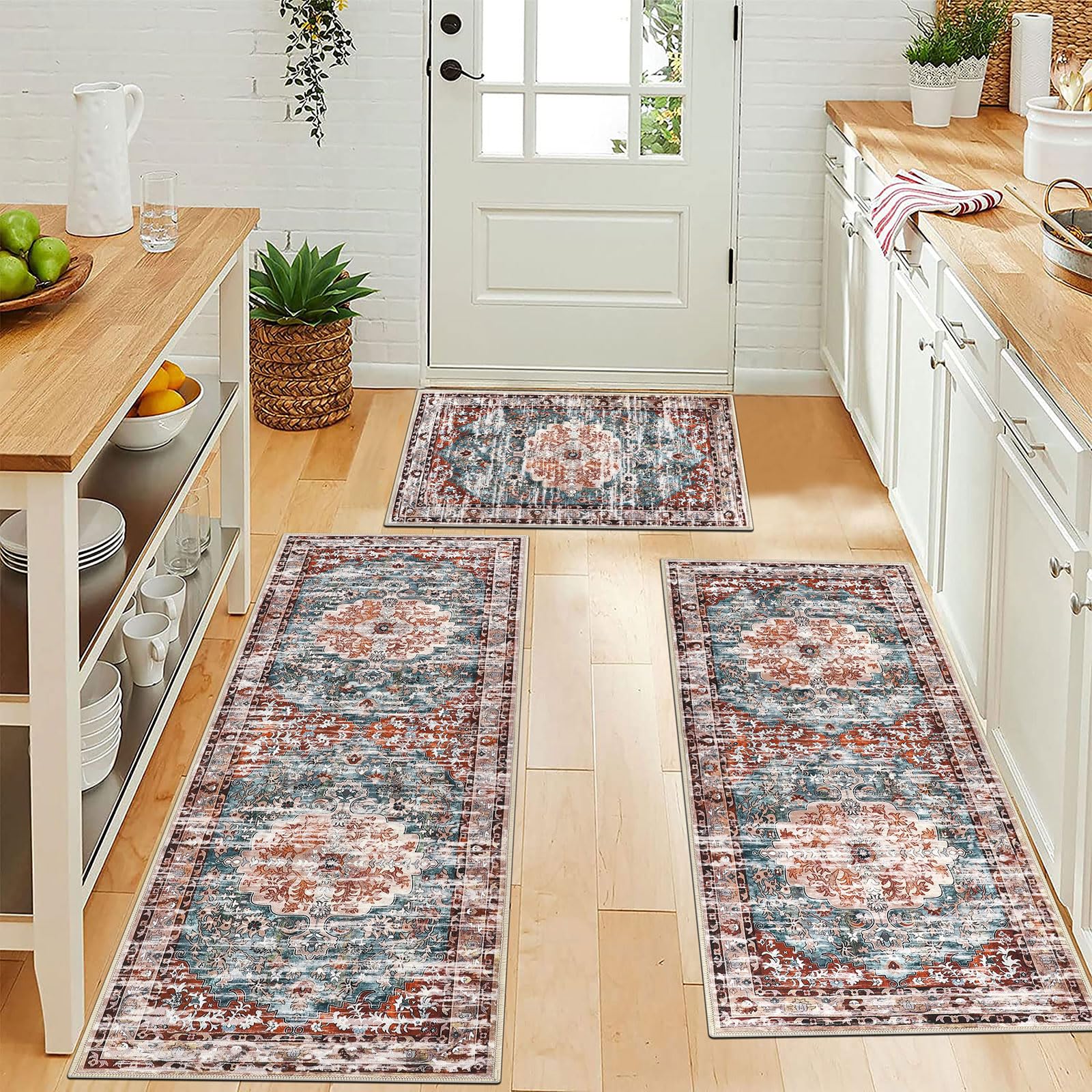 Ileading Boho Kitchen Mats for Floor 3 Piece Set Washable Kitchen Rugs ...