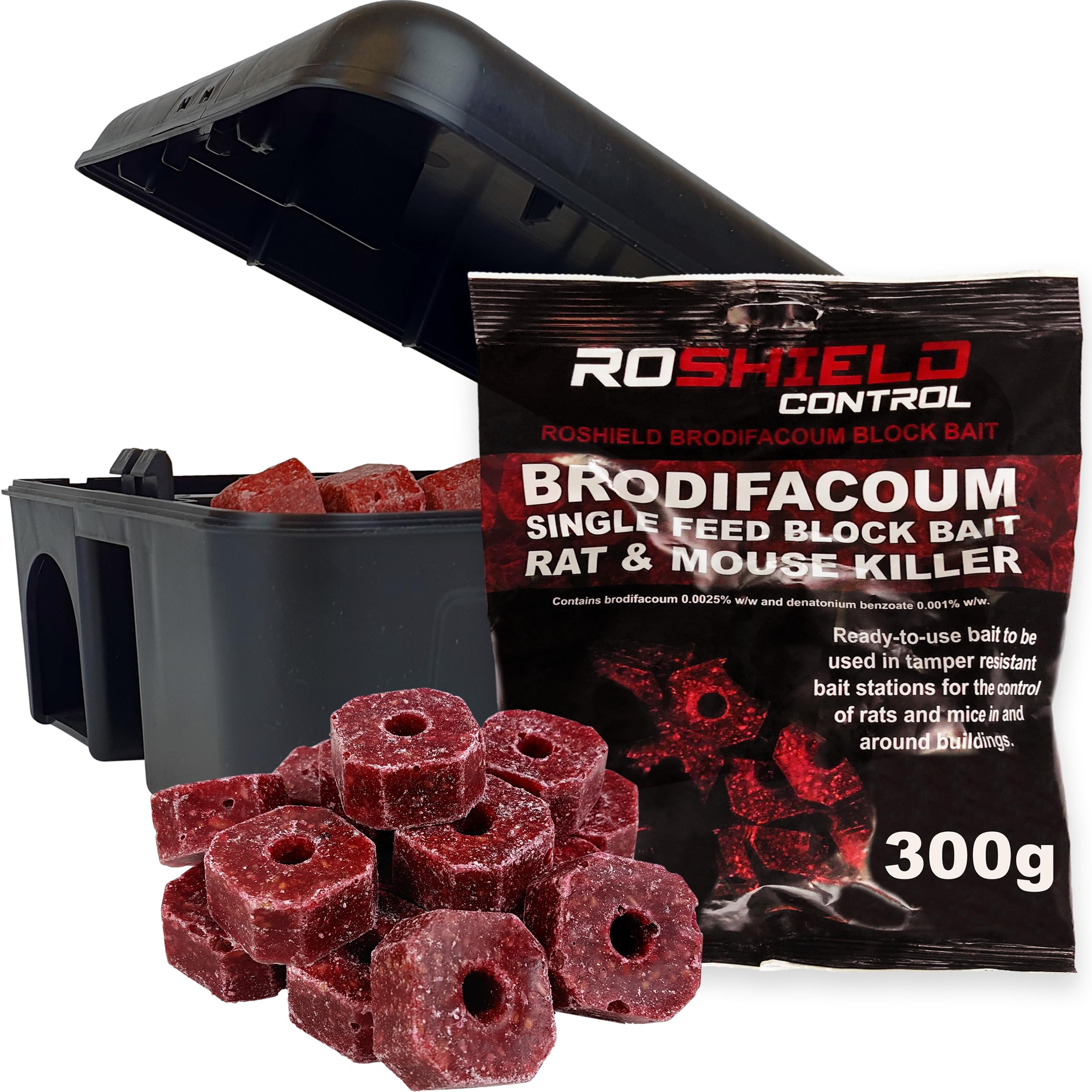 Roshield 300g Single Feed Rat Killer Blocks & 1 Tamper-Resistant Rodent ...