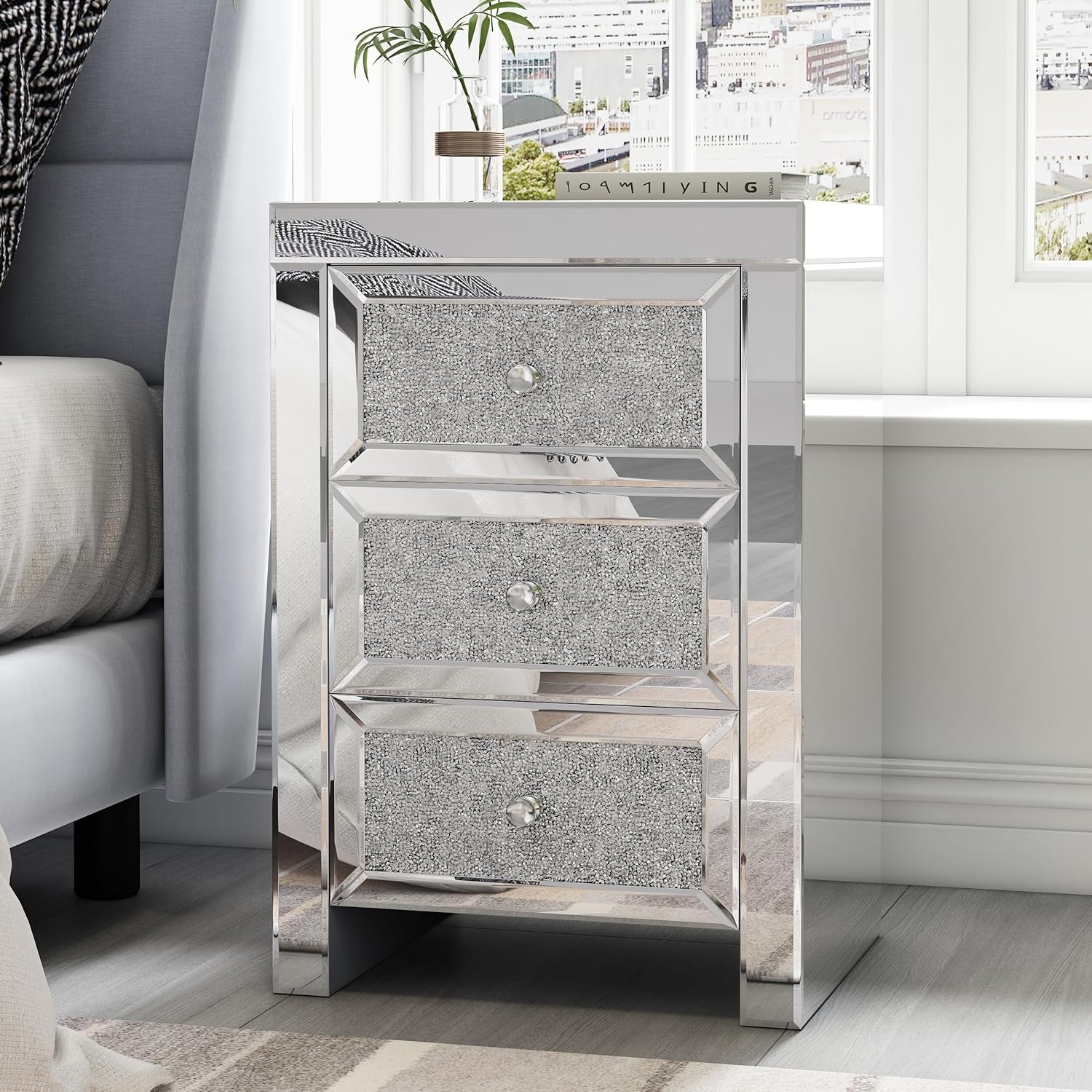 Amazon.com: Foeksgor Mirrored Nightstand with 3-Drawer, Crushed Diamond ...