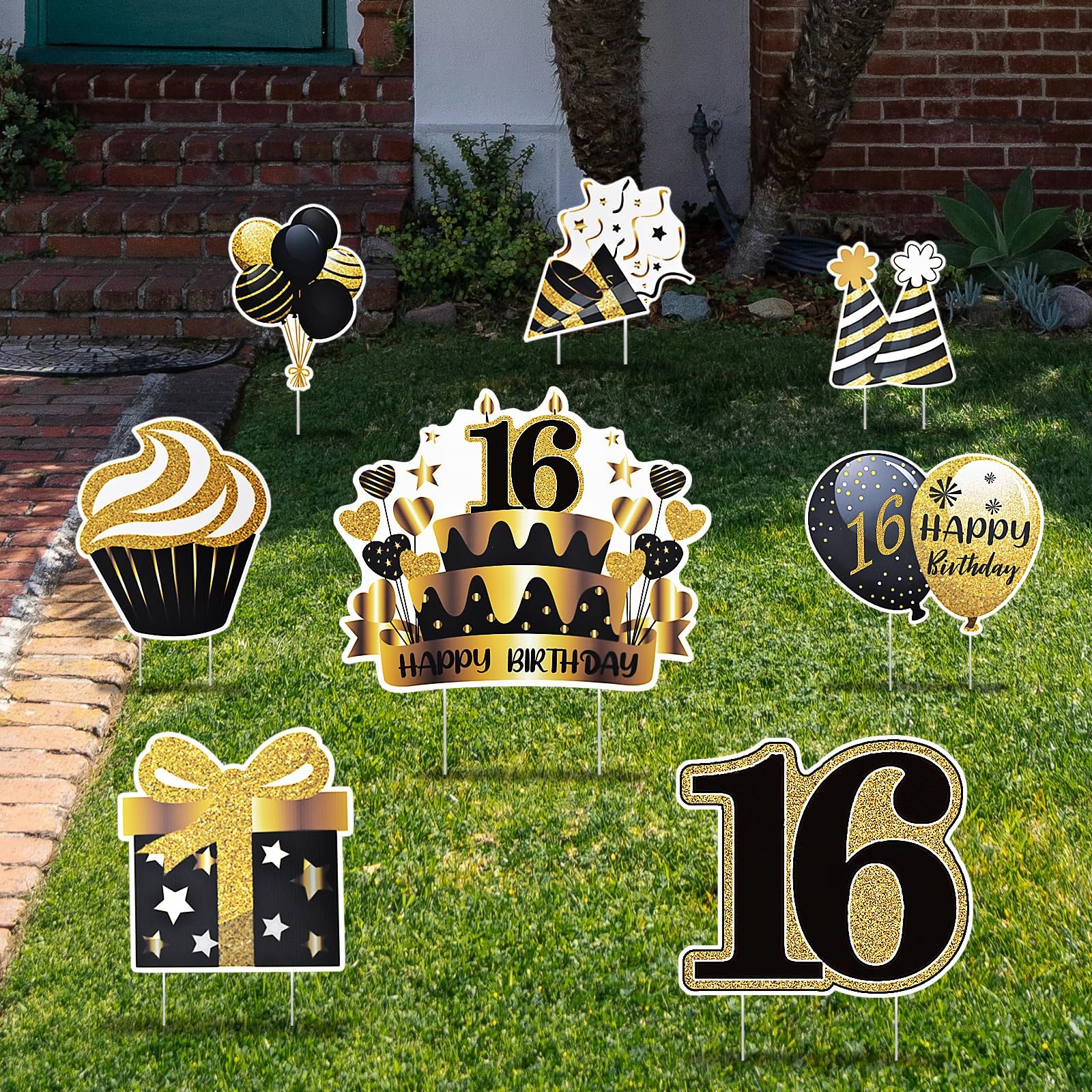 Amazon.com : Black Gold 16th Birthday Decorations for Boys Girls 6 Pcs ...