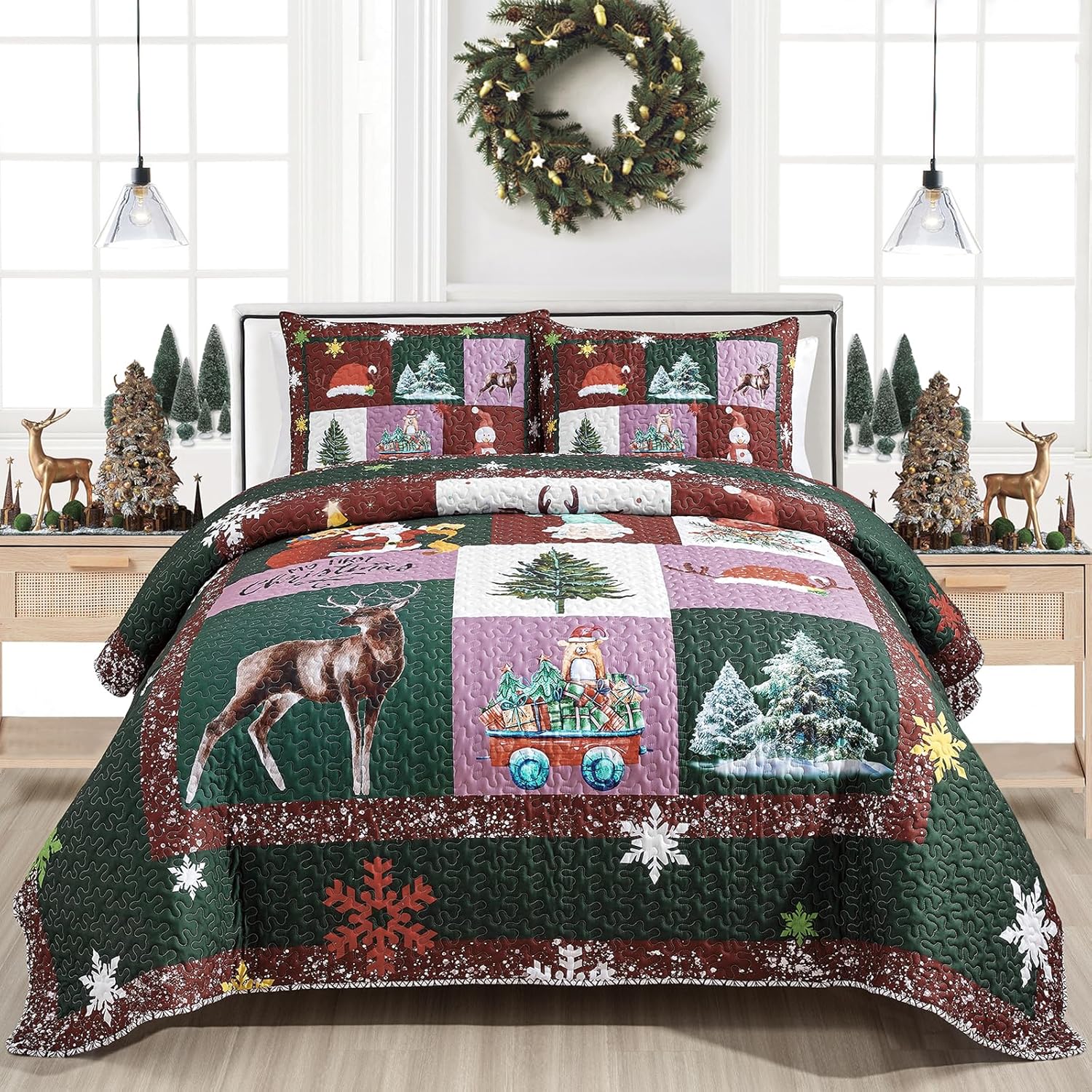 Amazon.com: Mocaletto Christmas Quilt Set Twin Size,Christmas Bedding ...