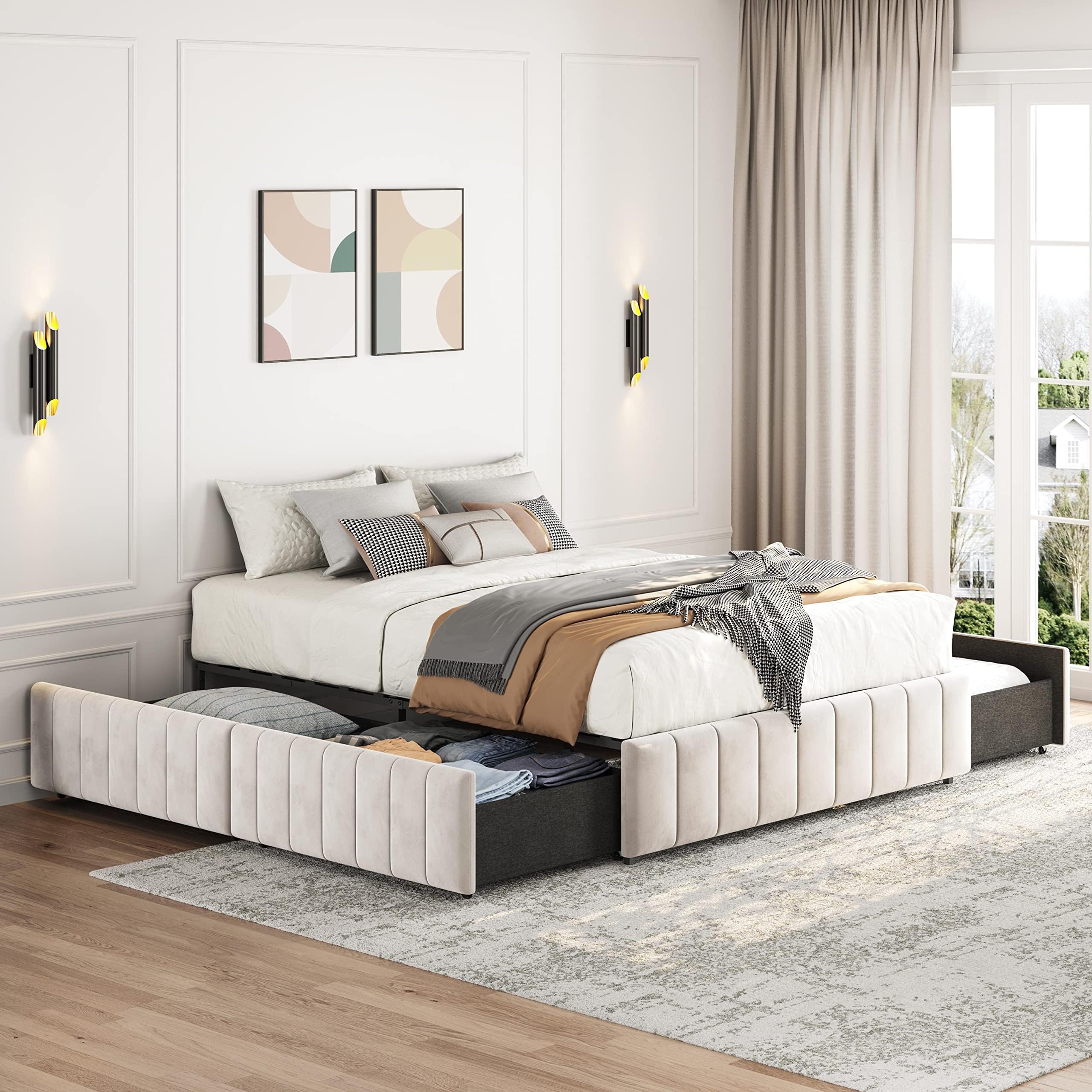 Amazon.com: Yaheetech Full Bed Frame Upholstered Platform Bed with 4 ...