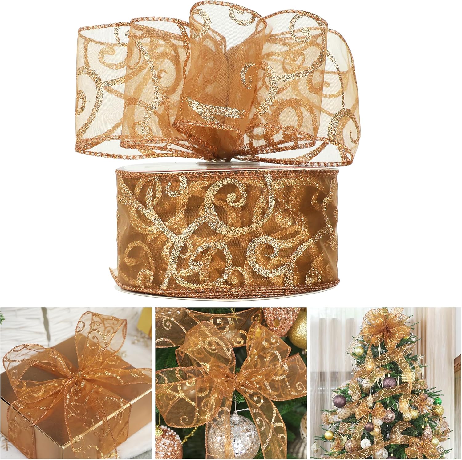 Amazon.com: AIMUDI Copper Christmas Ribbon Wired 2.5 Inch Bronze Swirl ...